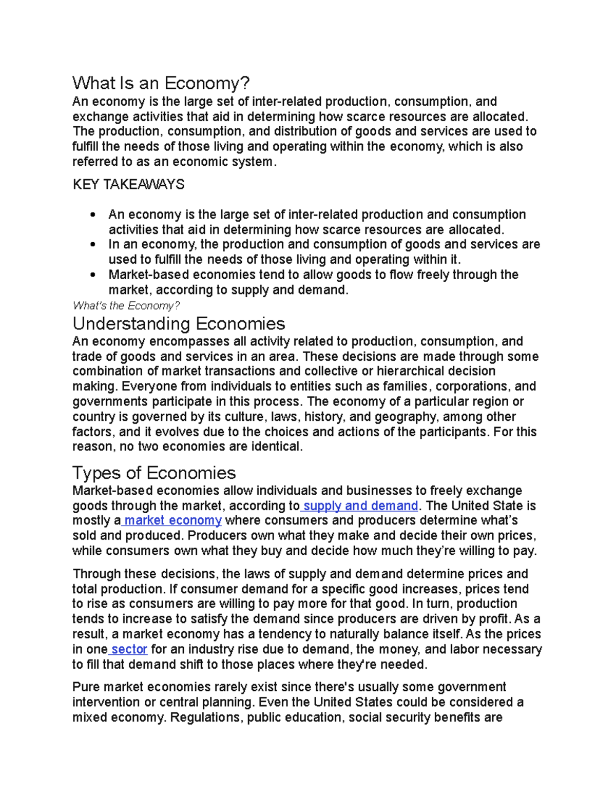Economics Intro - What Is an Economy? An economy is the large set of ...