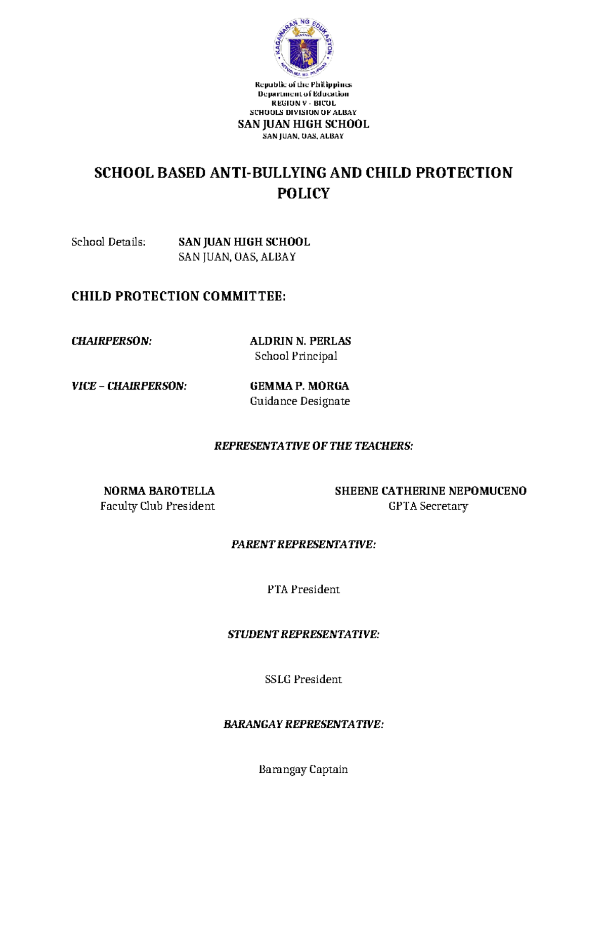 Child Protection Policy - SJHS - Republic of the Philippines Department ...