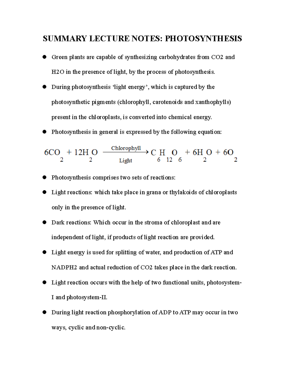 Summary Lecture Notes; PHOTOSYNTHESIS - SUMMARY LECTURE NOTES ...