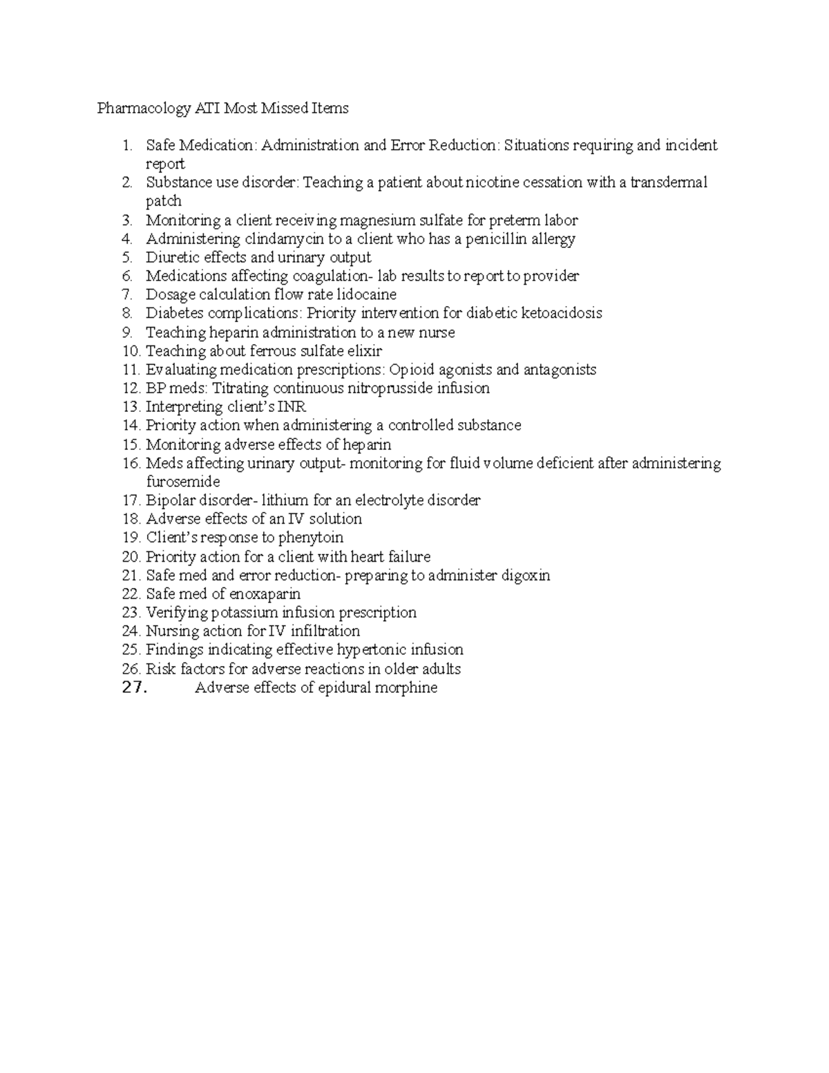 Pharmacology ATI Most Missed Items - Safe Medication: Administration ...