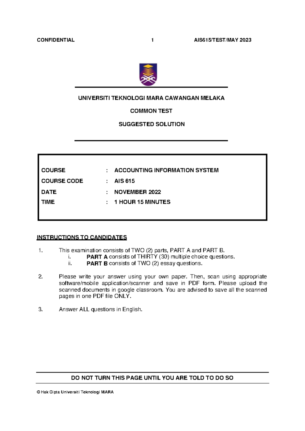AIS615 TEST MAY2023 S - UNIVERSITI TEKNOLOGI MARA CAWANGAN MELAKA ...