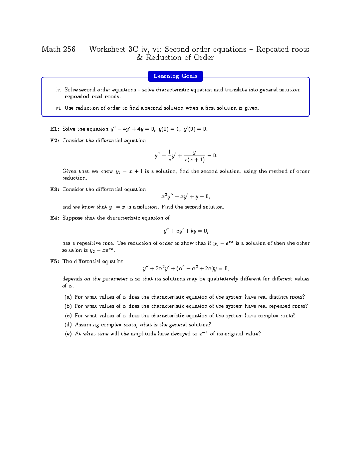 Worksheet 3C iv vi 2nd order equations Repeated roots Reduction of ...