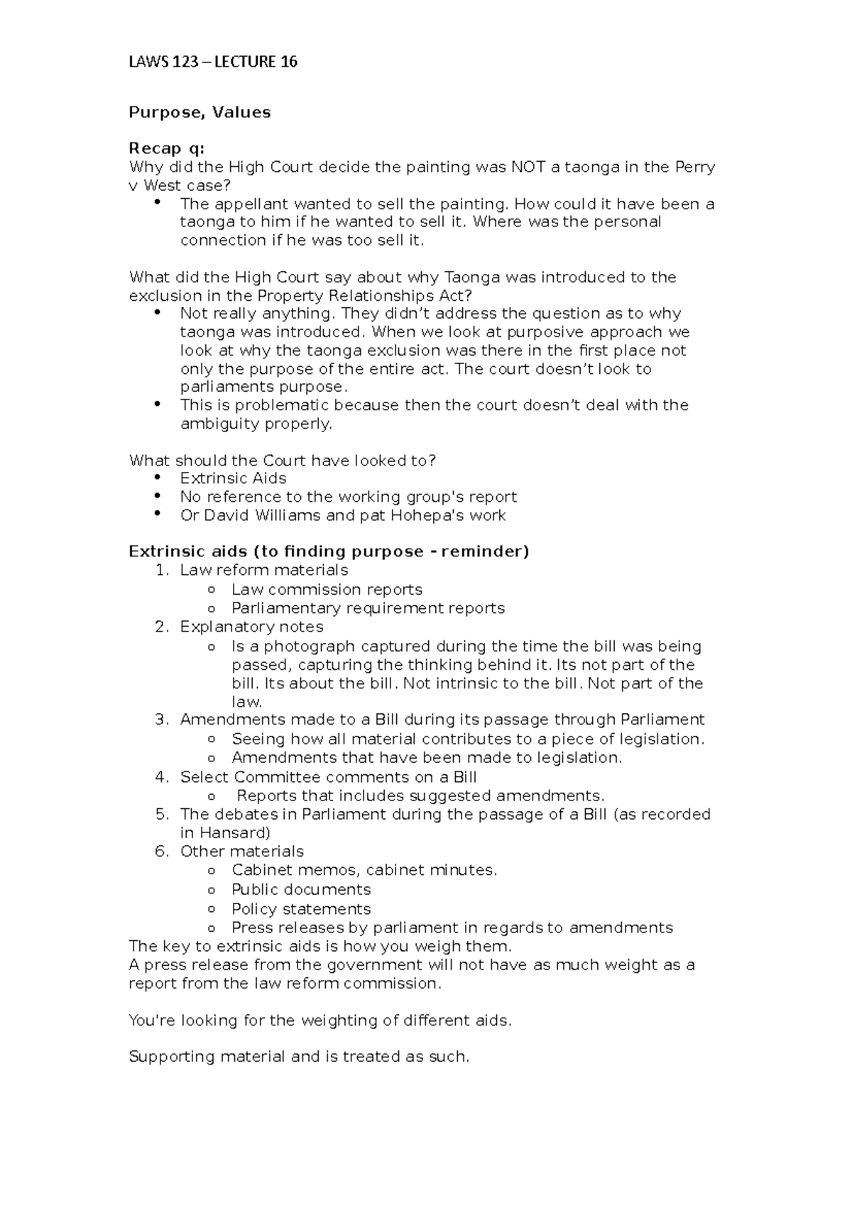 LAWS 123 – Lecture 16 - Purpose, Values Recap q: Why did the High Court decide the painting was ...