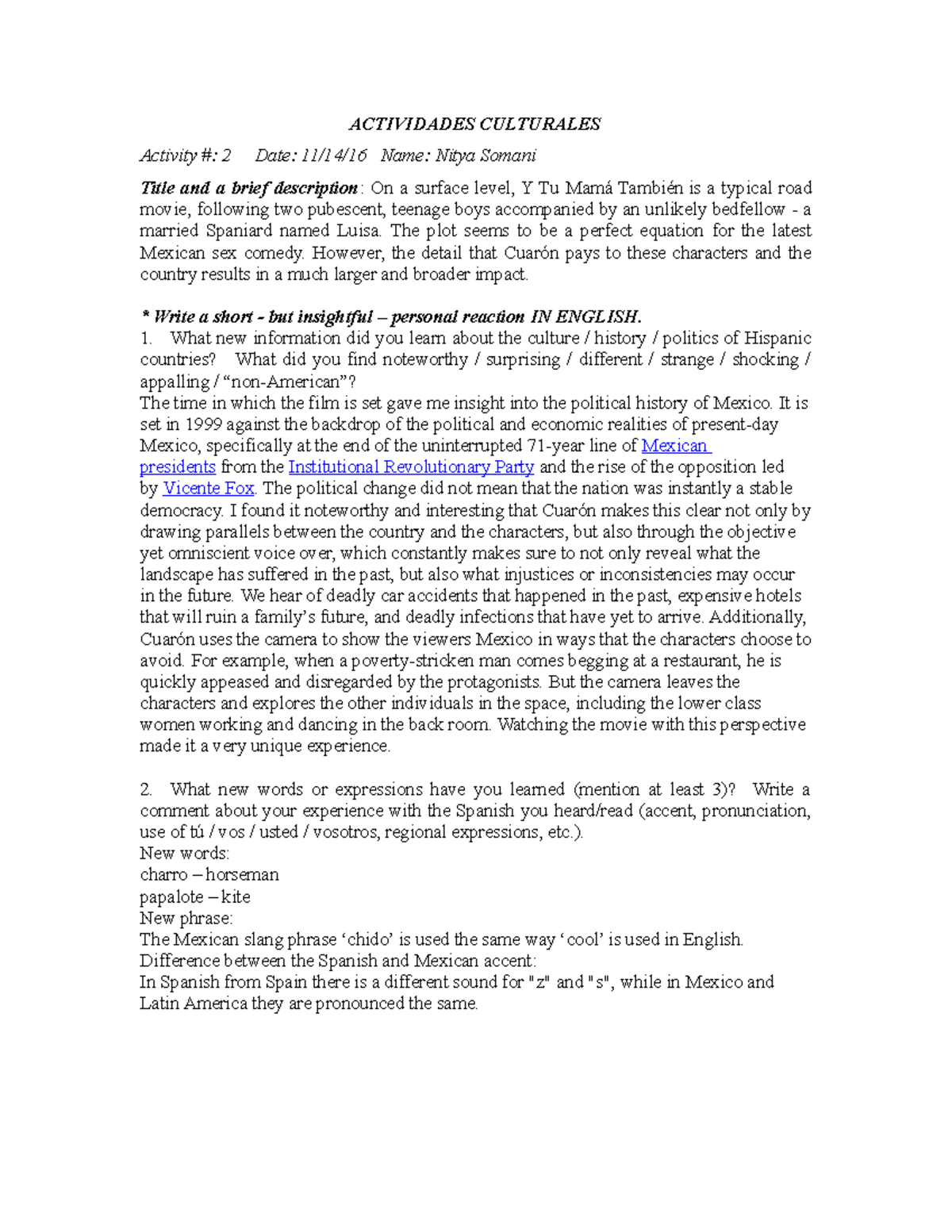 Cultural activity 2 - Movie review - ACTIVIDADES CULTURALES Activity ...