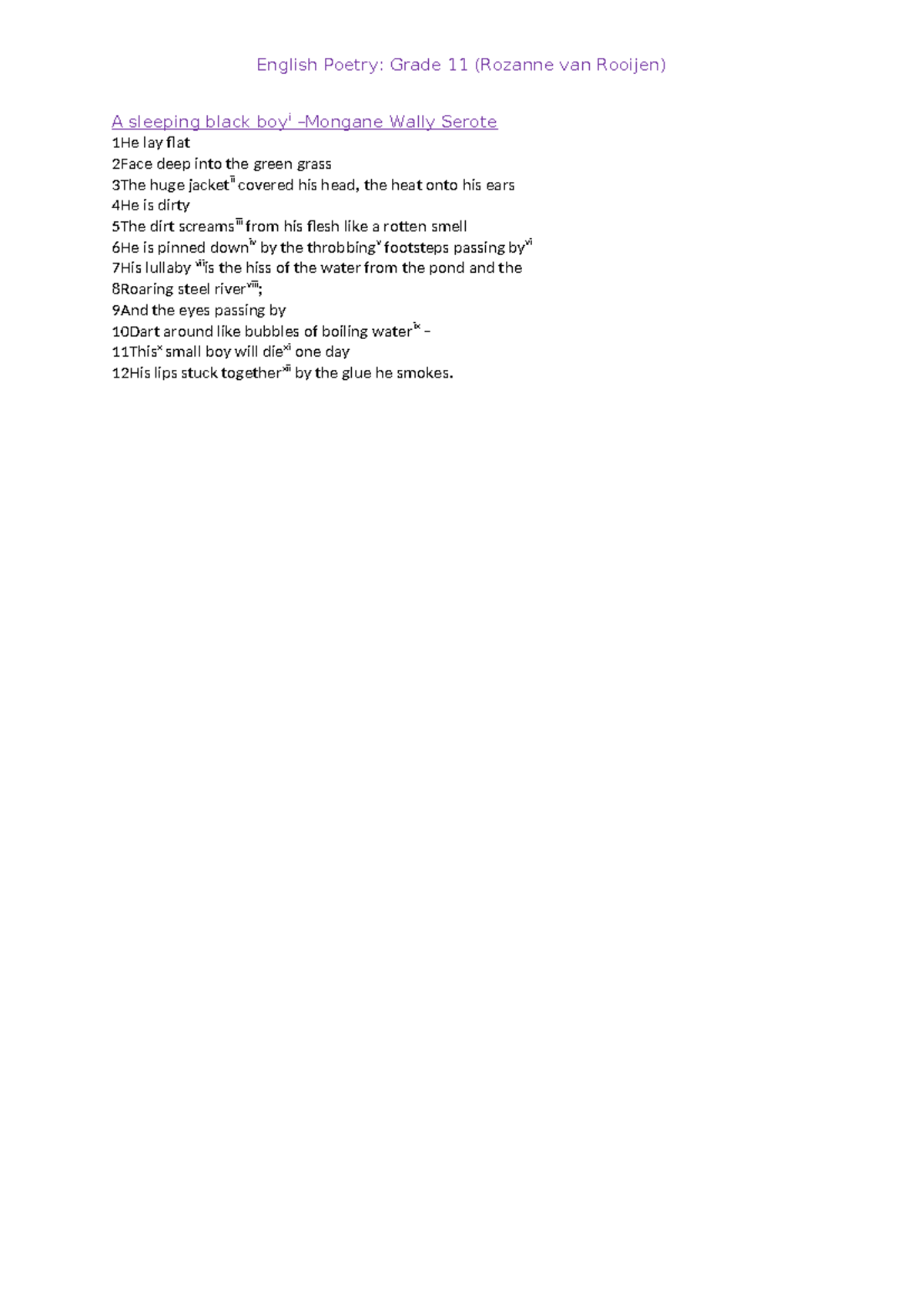 A sleeping black boy - poetry - English Poetry: Grade 11 (Rozanne van ...