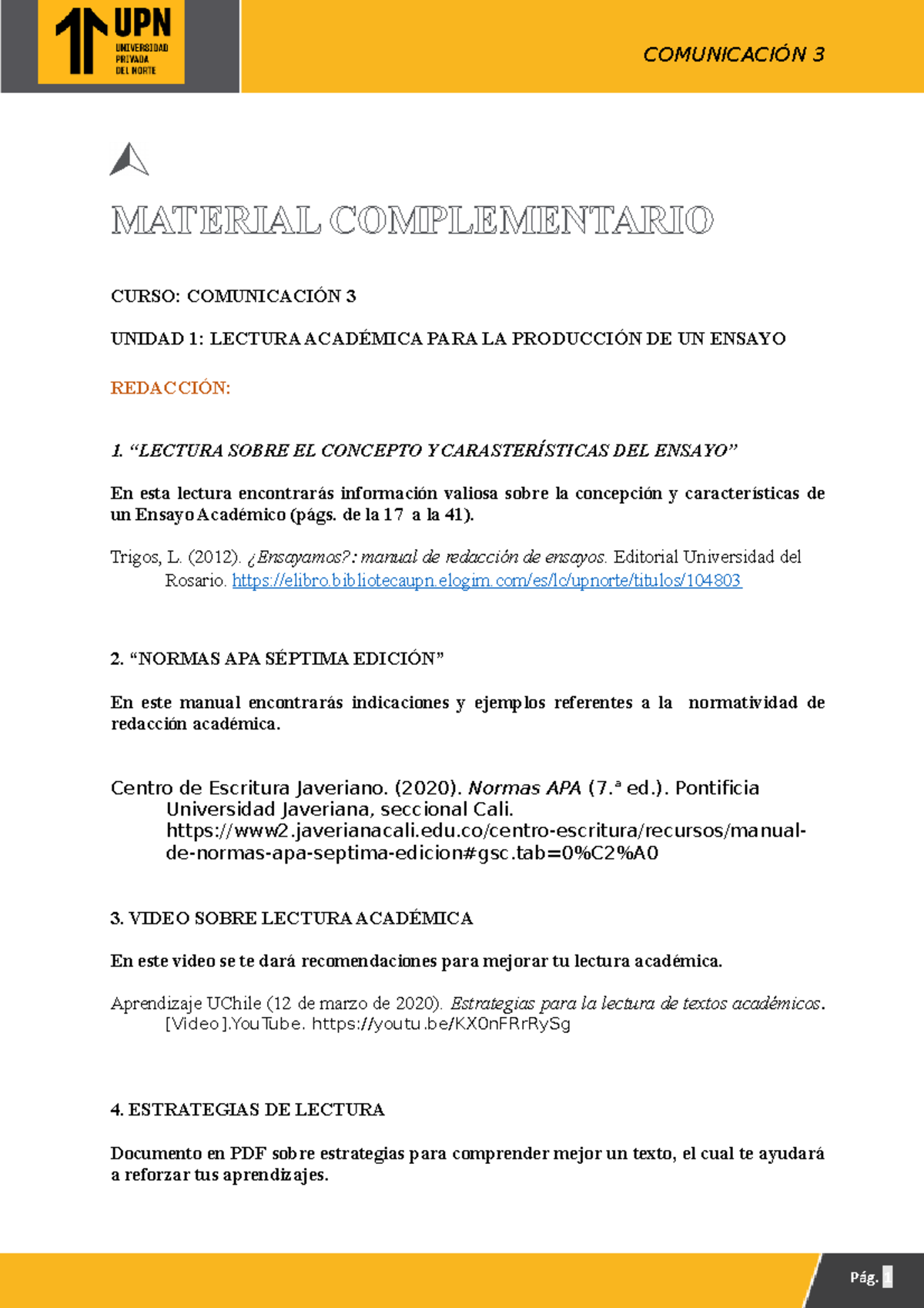 Material Complementario S1 COMU3 2023-5 - MATERIAL COMPLEMENTARIO CURSO: COMUNICACIÓN 3 UNIDAD 1 ...