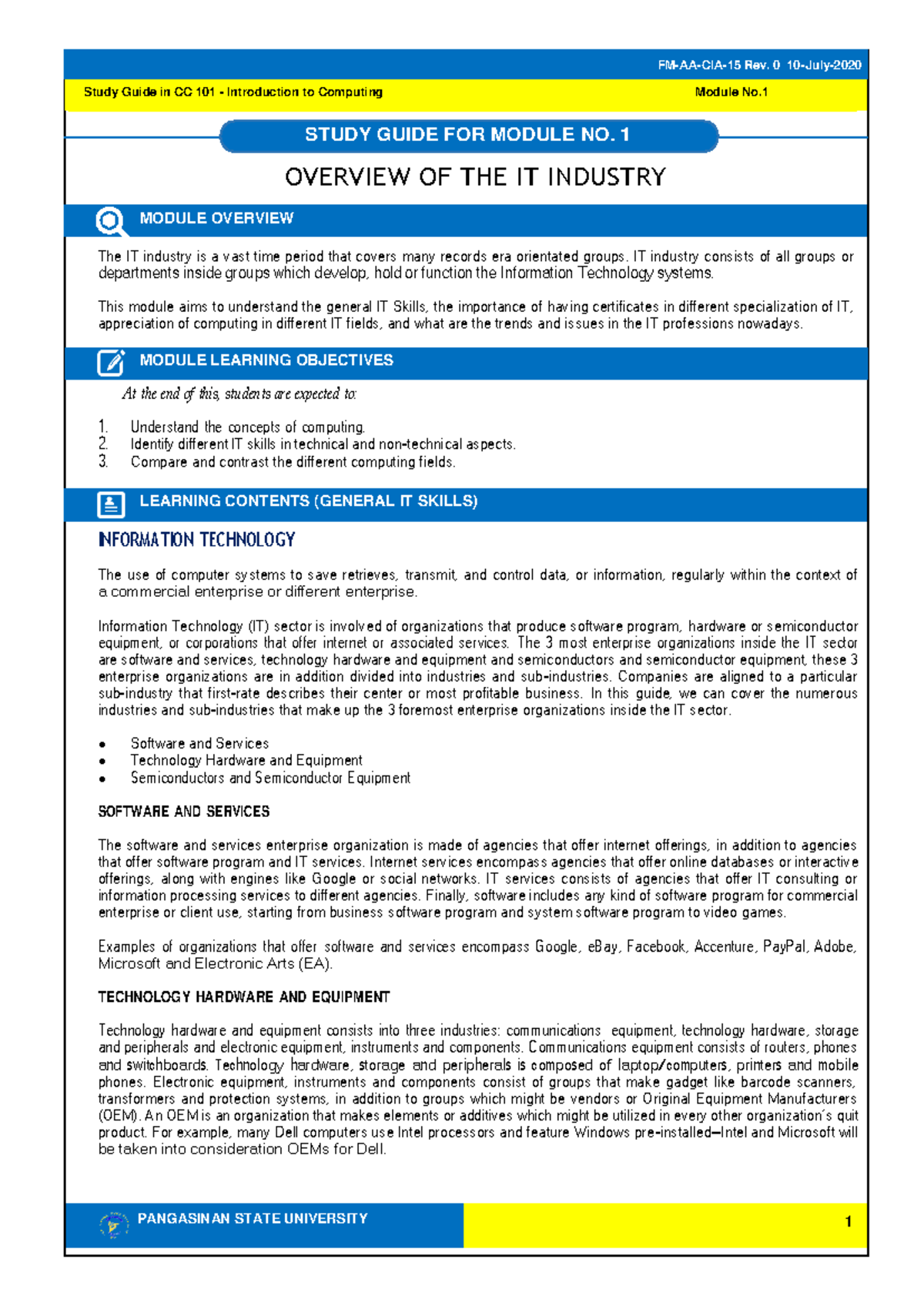 CC101 Module 1 - NONE - MODULE LEARNING OBJECTIVES LEARNING CONTENTS (GENERAL IT SKILLS) STUDY ...