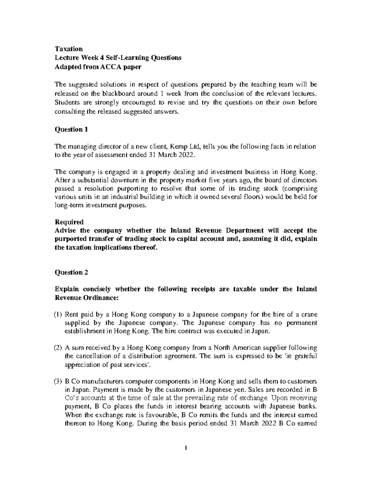 HKTaxation Lecture Week 4Questions - 1 Taxation Lecture Week 4 Self-Learning Questions Adapted ...