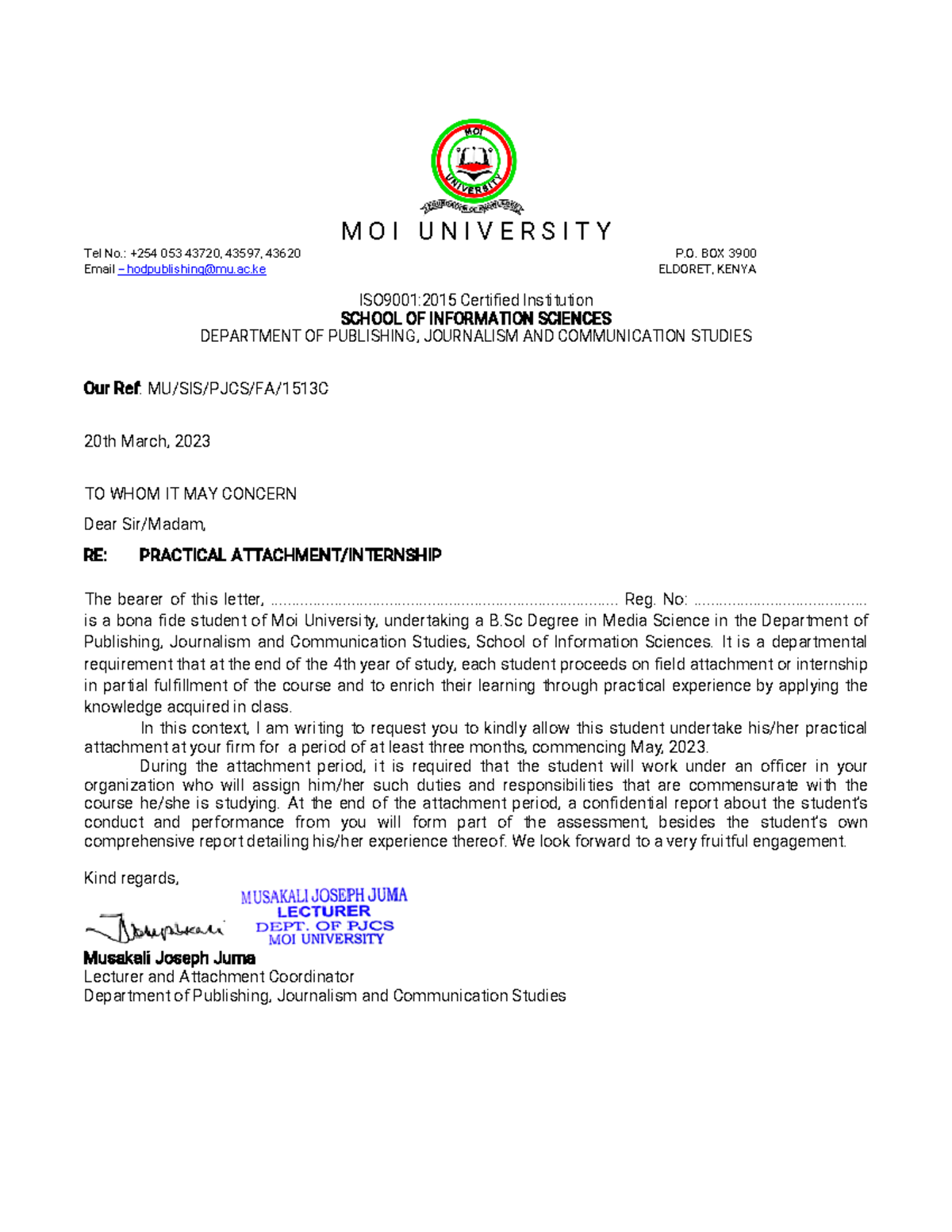 Attachment letter - M O I U N I V E R S I T Y Tel No.: +254 053 43720 ...