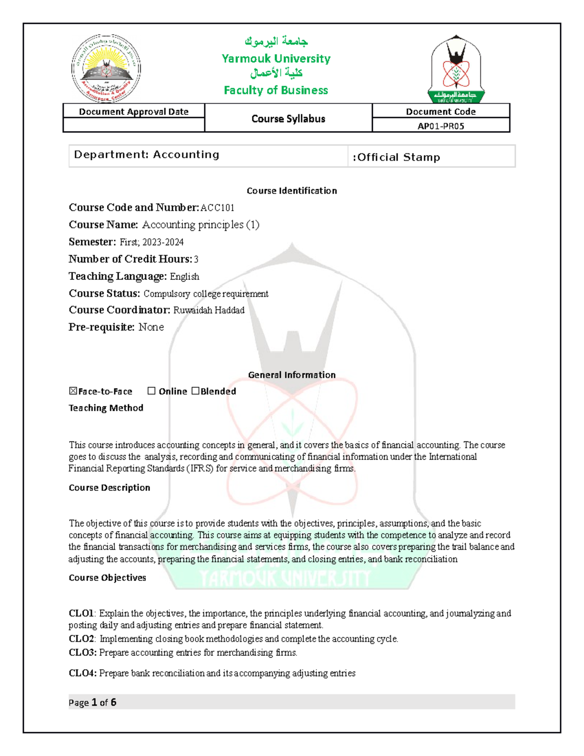 Course Syllabus- ACC 101 101 2024 - Yarmouk University كلية الأعمال ...