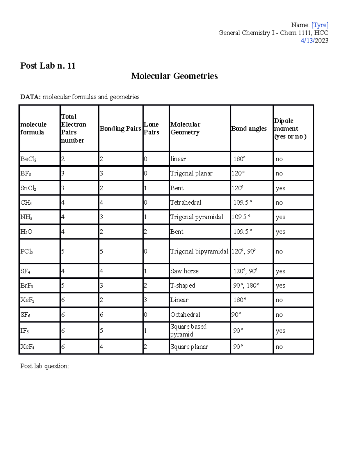 Post lab report 11 - hope this helps - Name: [Tyre] General Chemistry I ...