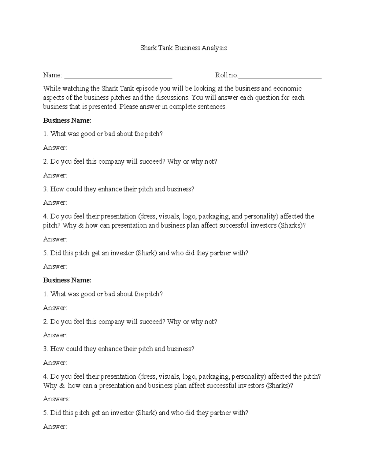Shark tank assignment - byeee - Shark Tank Business Analysis Name