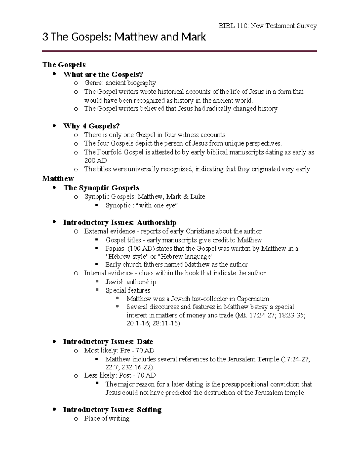 3 The Gospels- Matthew and Mark - BIBL 110: New Testament Survey 3 The ...