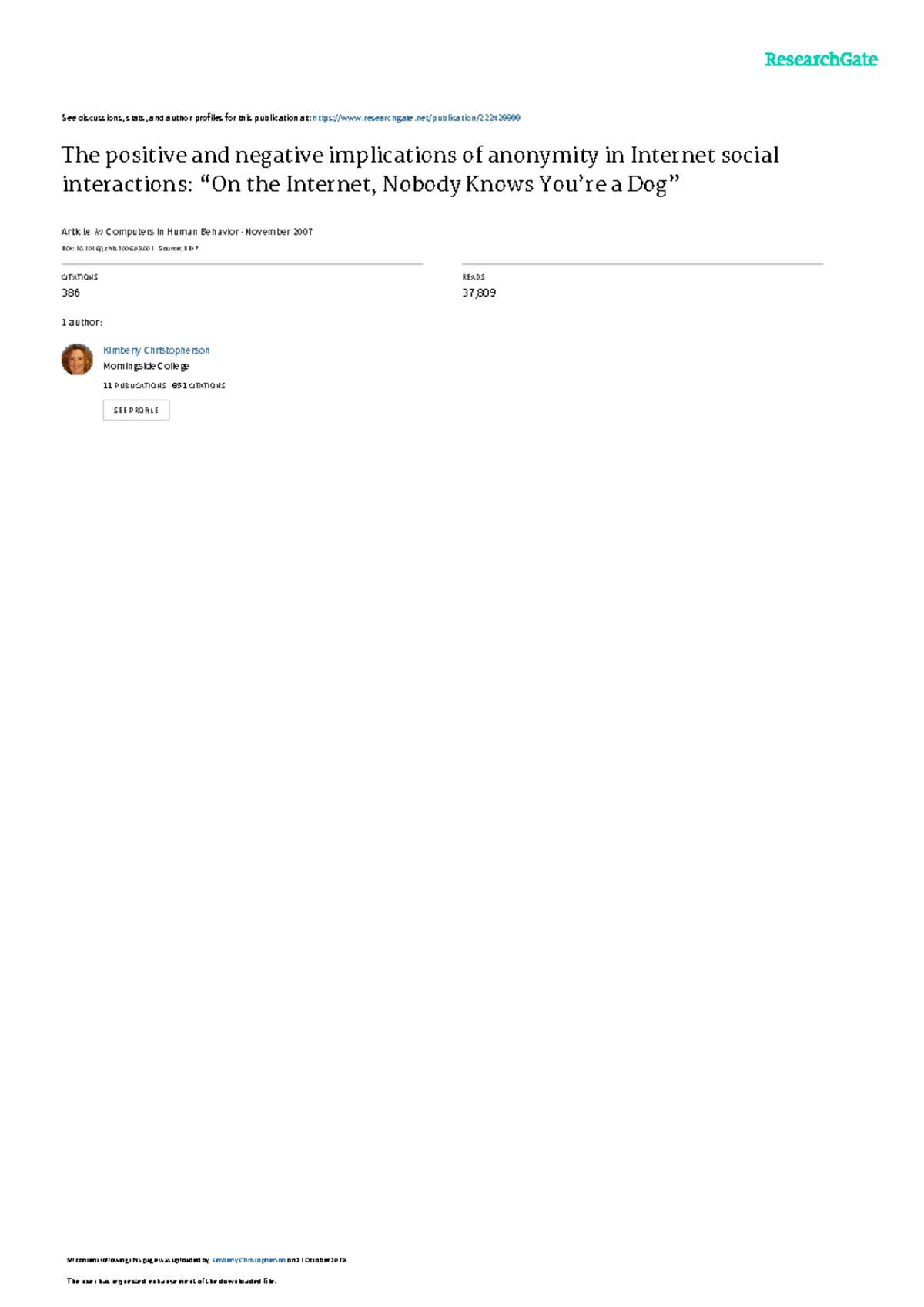 The positive and negative implications of anonymit - 1016/j.chb.2006.09 ...