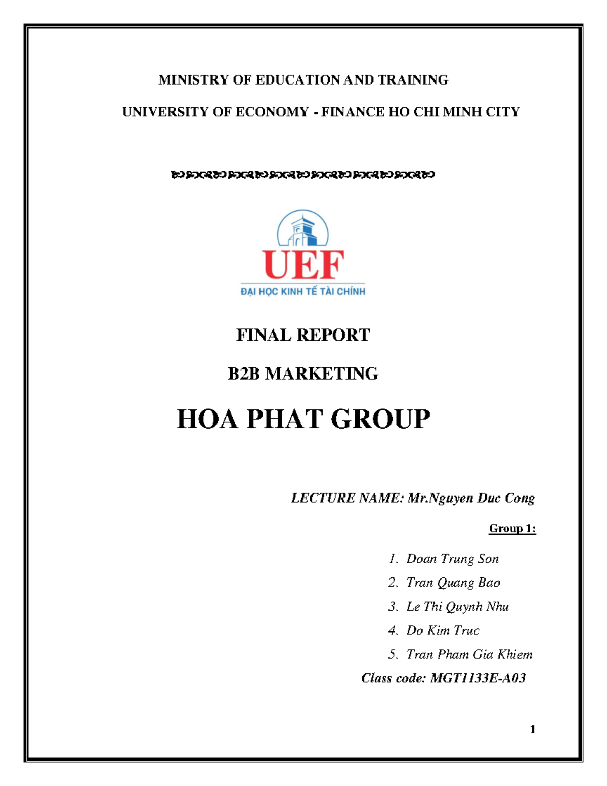 Final- Report-B2B - report B2B of Hoa Phat - MINISTRY OF EDUCATION AND TRAINING UNIVERSITY OF ...