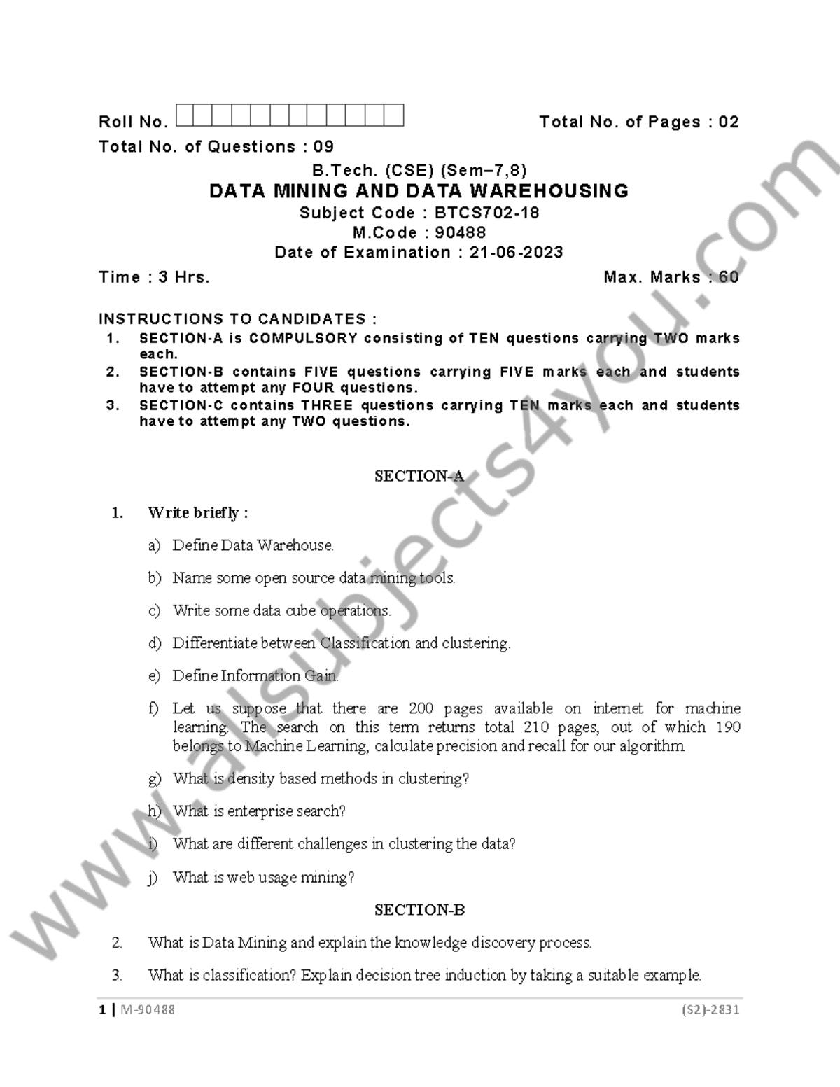 90488 BTech BTCS 702 18 sem 7 and 8pc - 1 | M-90488 (S2)- Roll No ...