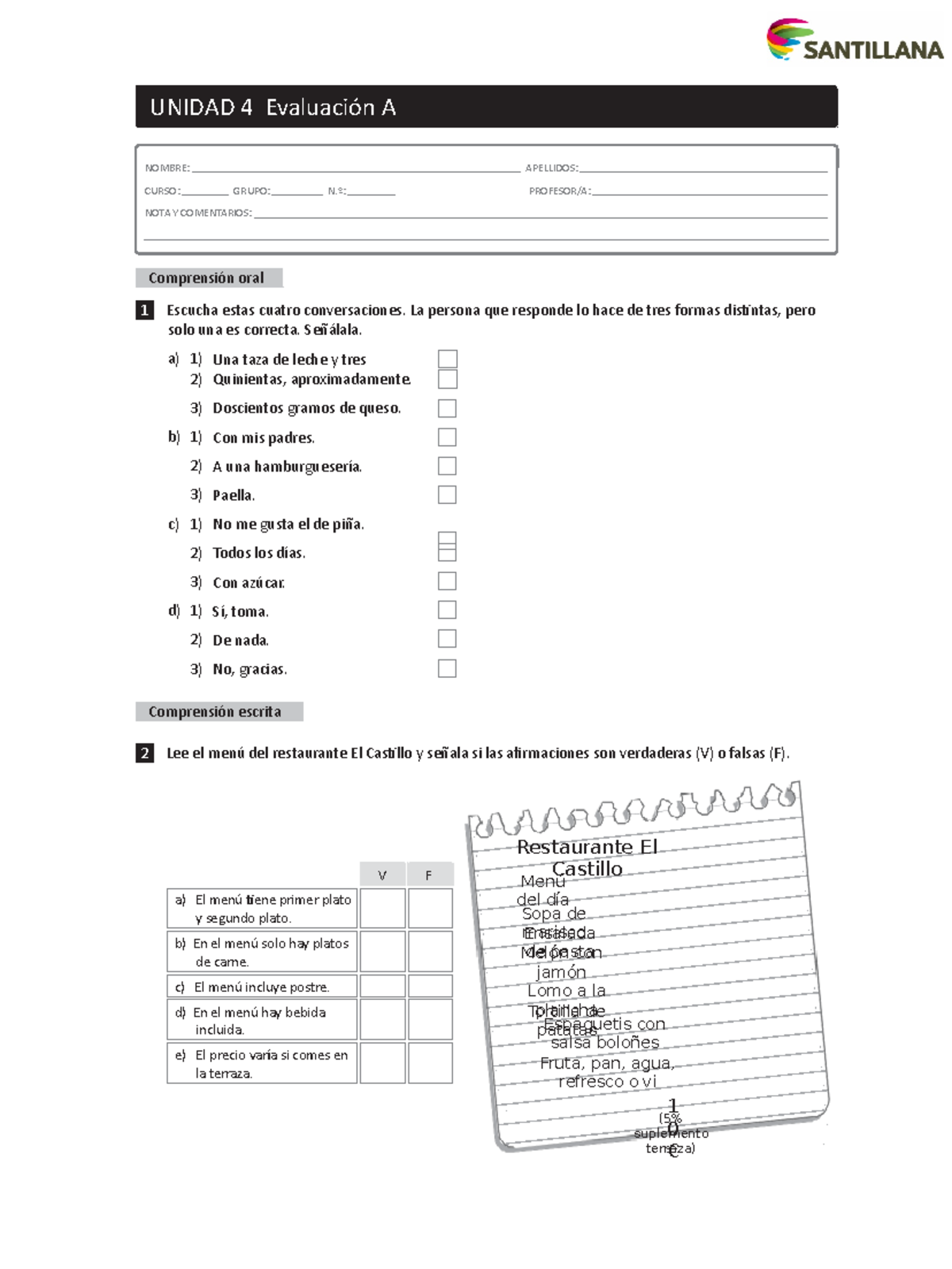 Teste alimentação espanhol - UNIDAD 4 Evaluación A NOMBRE: APELLIDOS ...