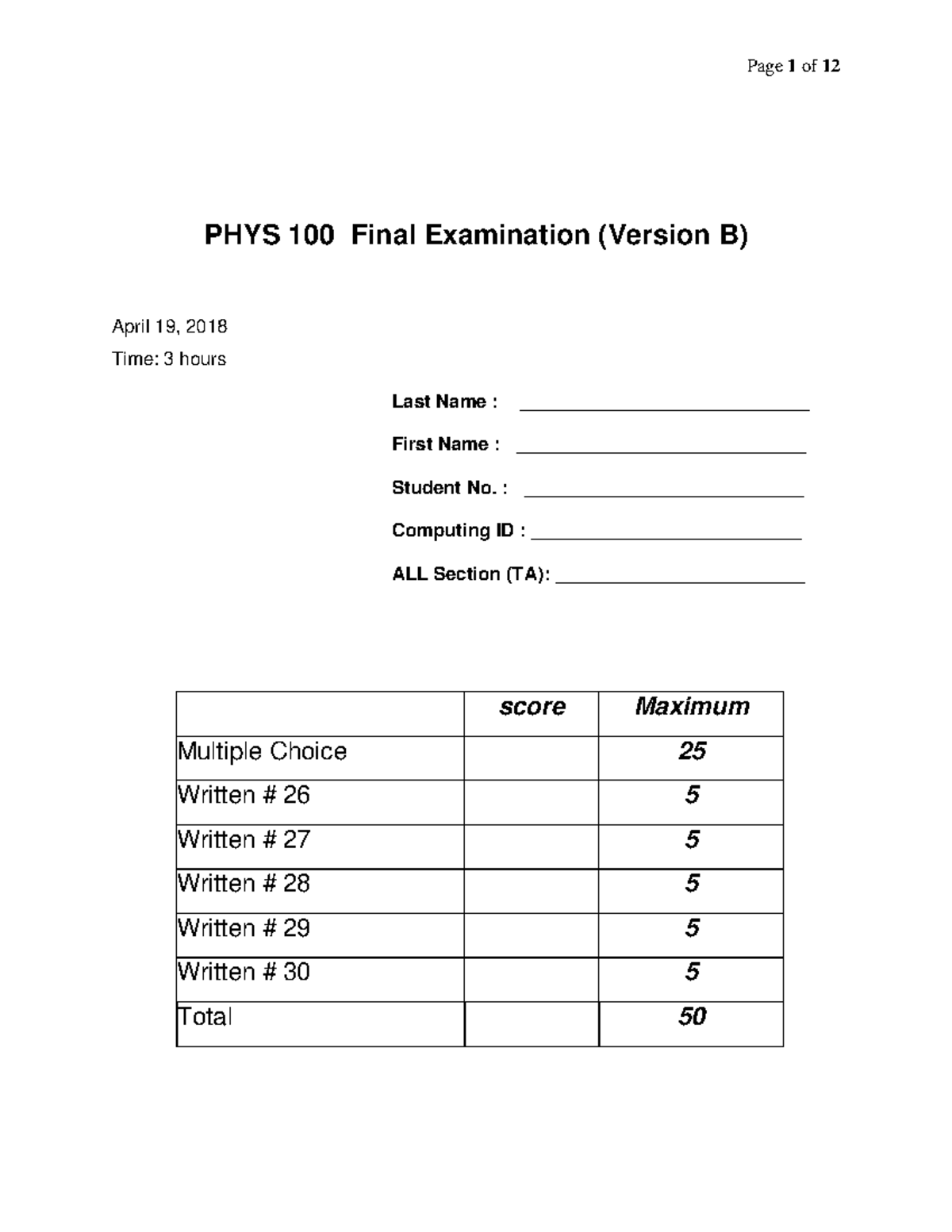 Final 2018, questions - Warning: TT: undefined function: 32 PHYS 100 Final Examination (Version ...