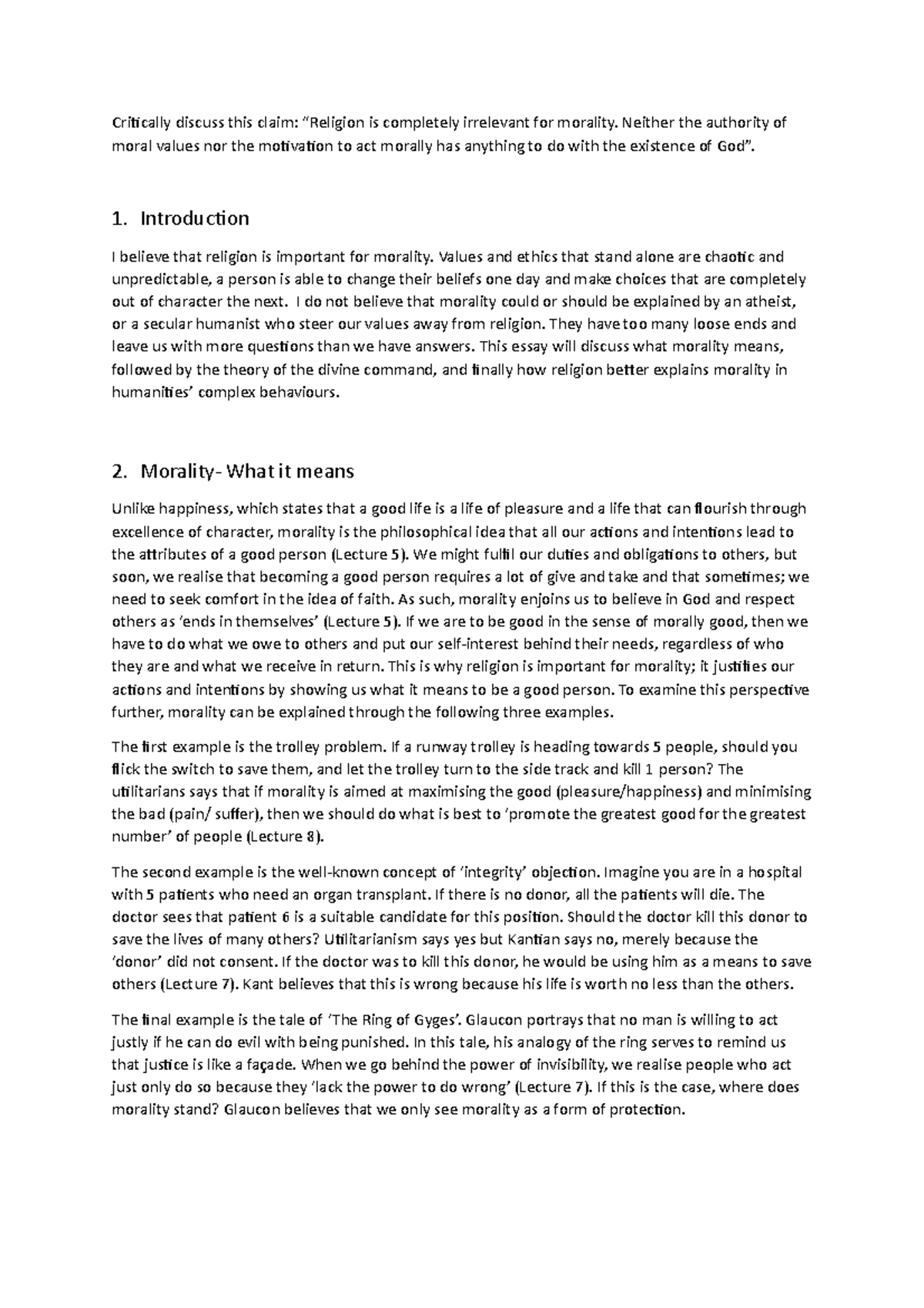 Critical Essay - Critically discuss this claim: “Religion is completely ...