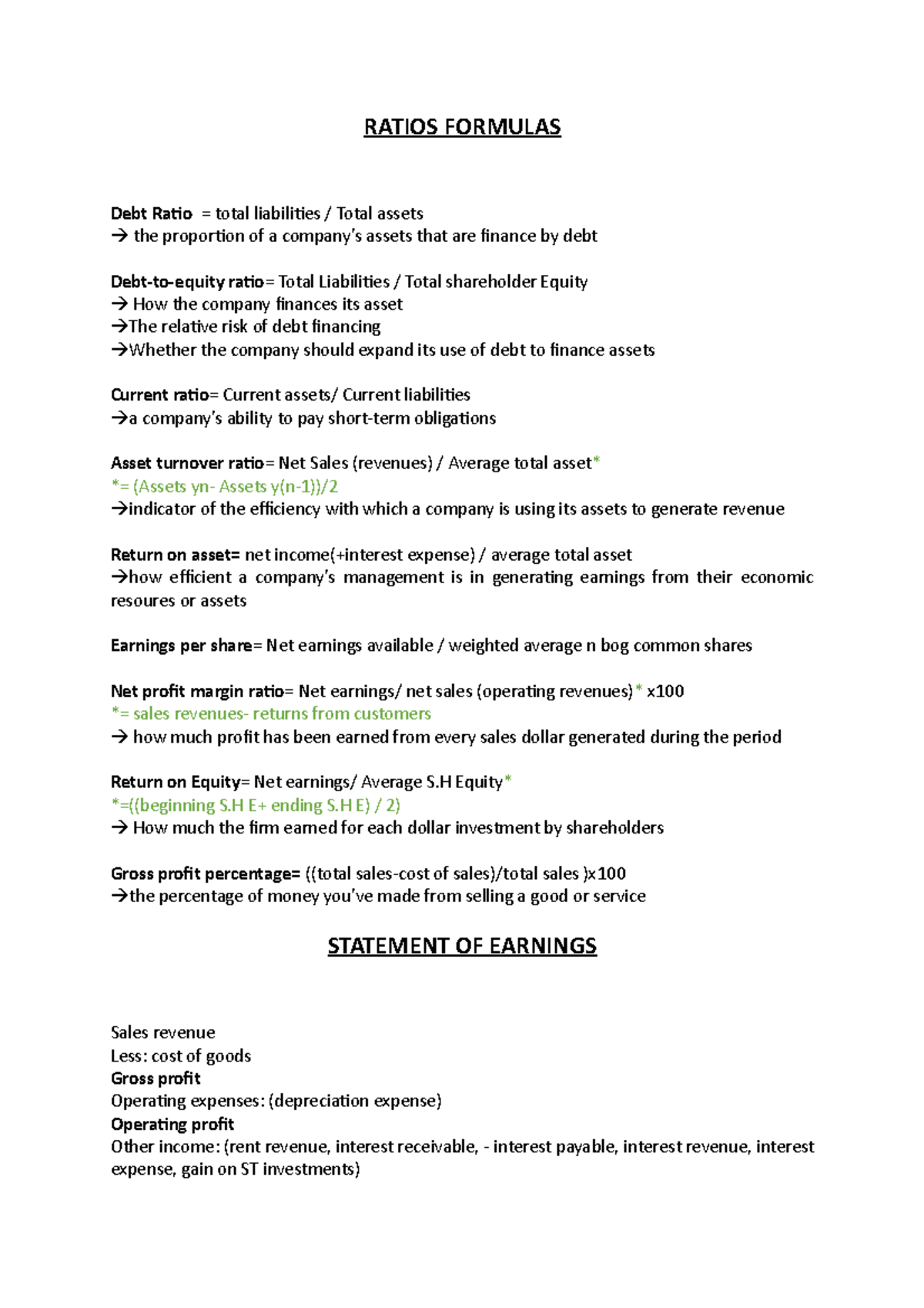 Ratios Formulas - Lecture notes 1,2,3,4 - RATIOS FORMULAS Debt Ratio ...