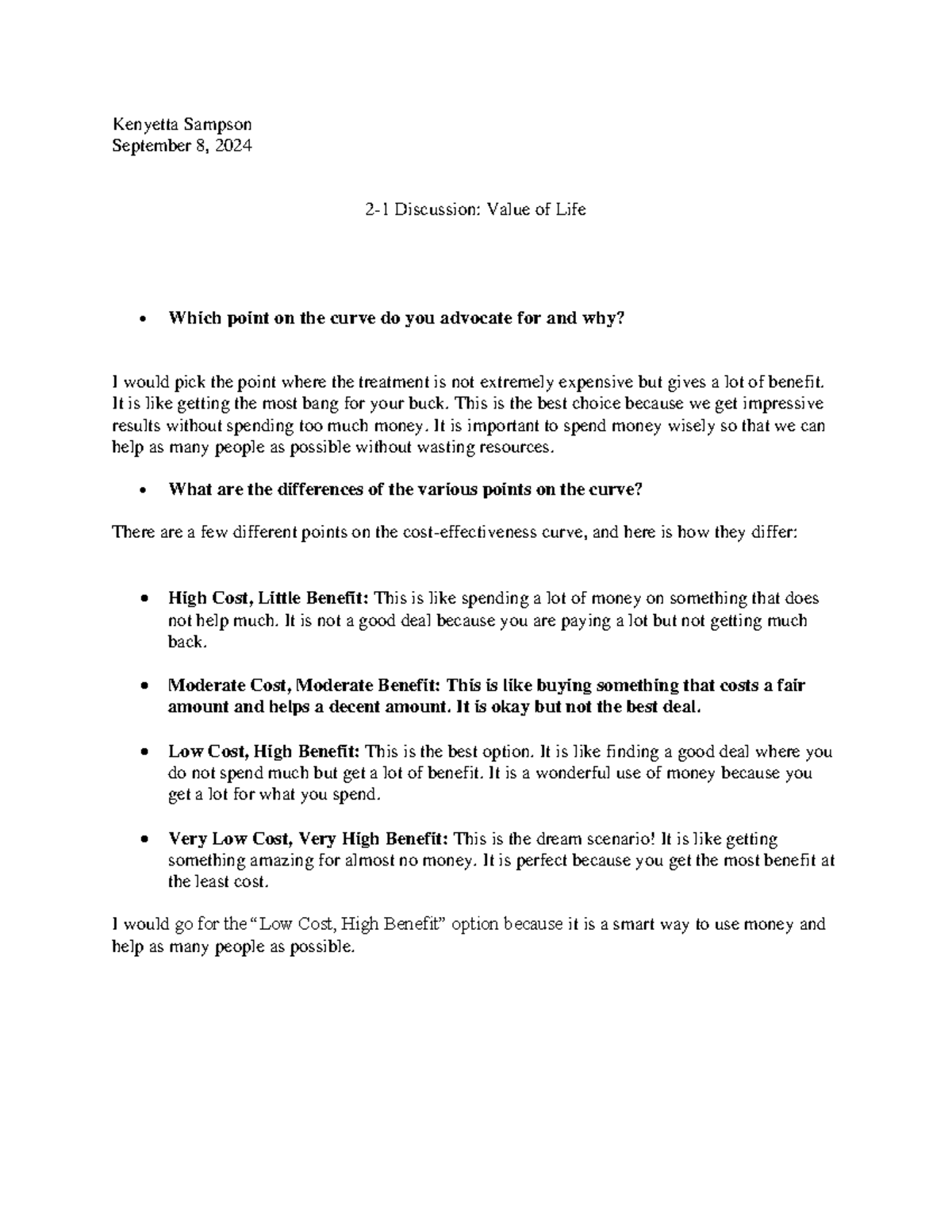 2-1 Discussion- Value of Life - Kenyetta Sampson September 8, 2024 2 ...