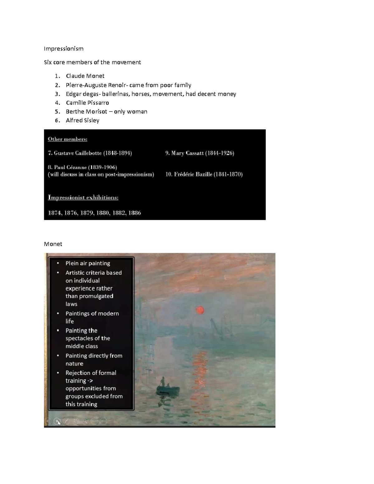 Impressionism - class notes - Impressionism Six core members of the ...