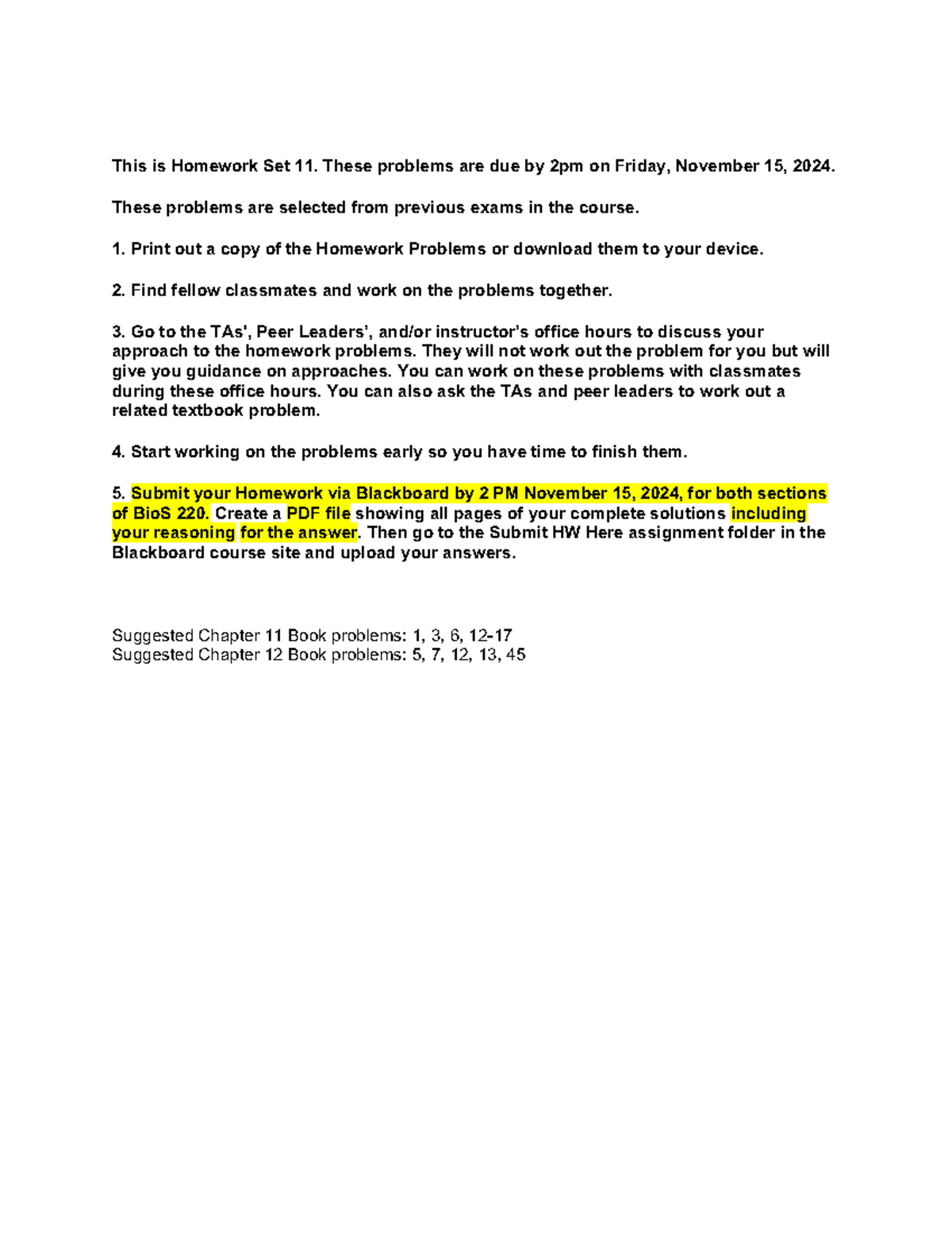 Bio S 220 Fall 2024 HW 11 - Homework problems for chapters 9-11 - This is Homework Set 11. These ...