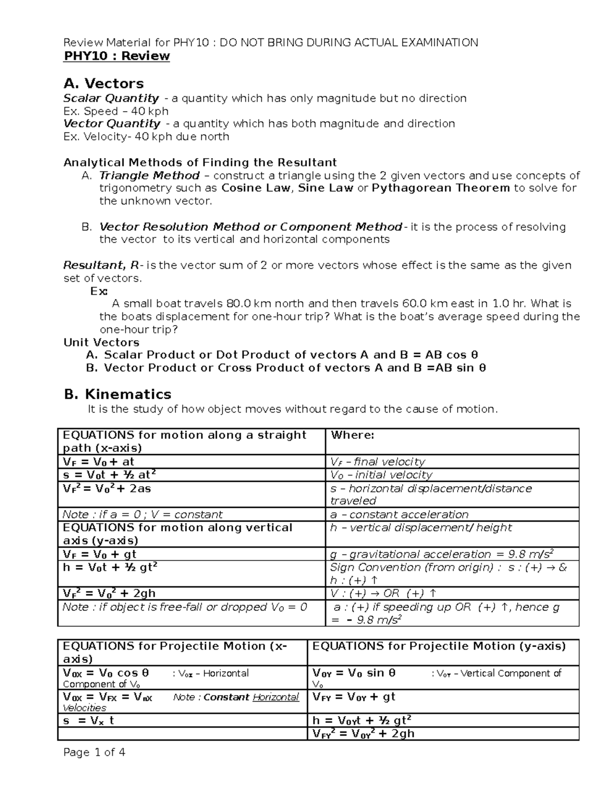 Pdfcoffee - Reviewer - PHY10 : Review A. Vectors Scalar Quantity - a quantity which has only ...