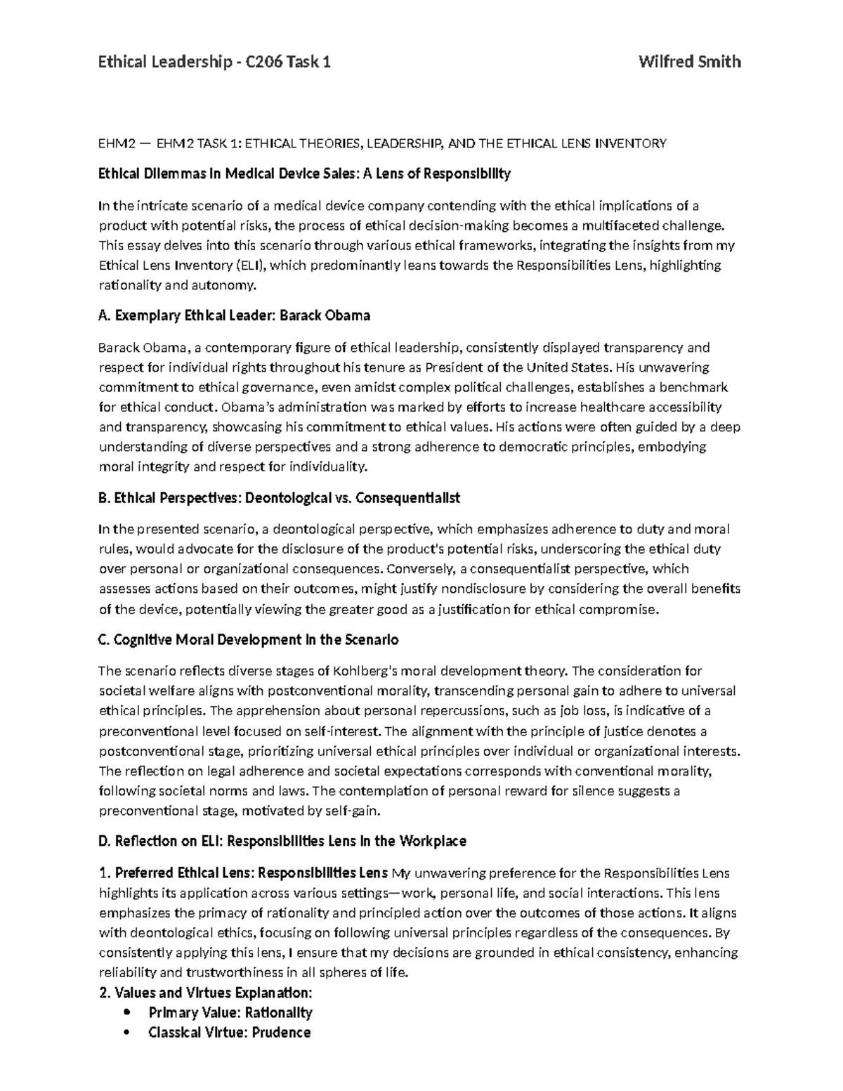 EHM2 — EHM2 Task 1: Ethical Theories, Leadership, and the Ethical Lens Inventory - Ethical - Studocu