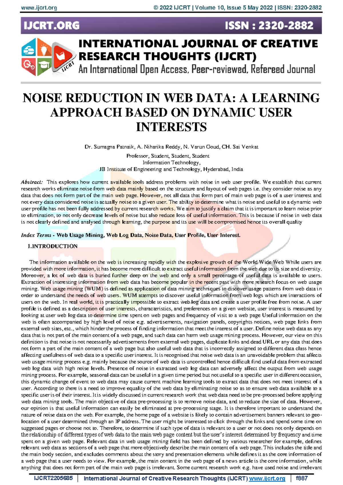 Ijcrt 2205685 - NOISE REDUCTION IN WEB DATA: A LEARNING APPROACH BASED ON DYNAMIC USER INTERESTS ...