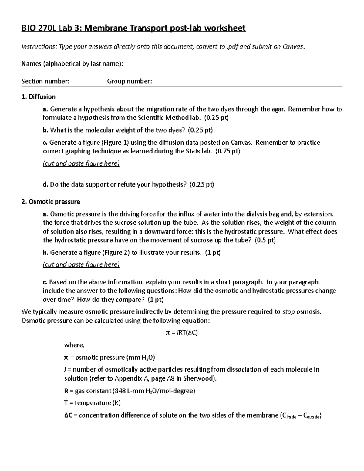 Lab 3 Membrane Transport post-lab worksheet - BIO 270L Lab 3: Membrane ...
