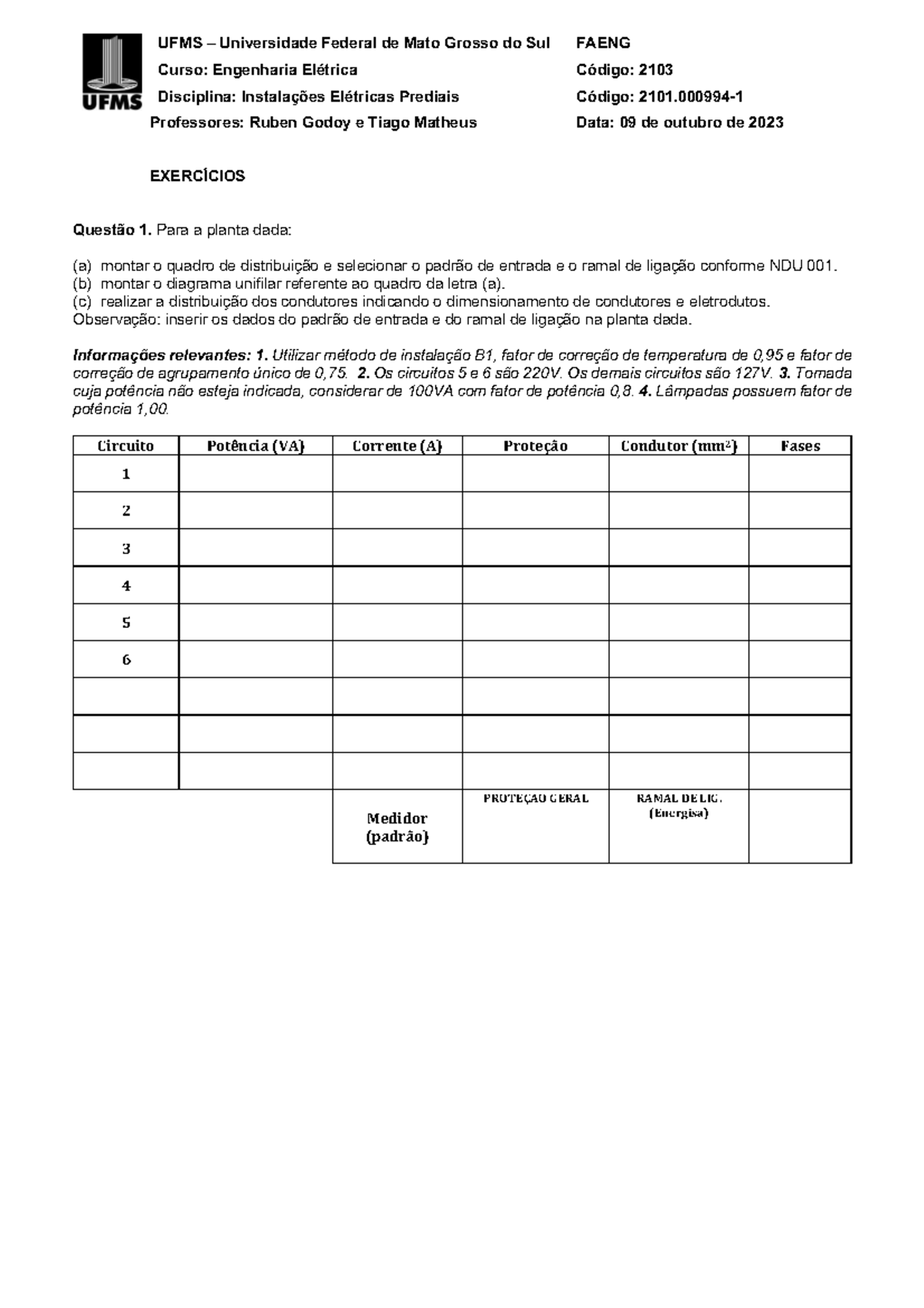 Instalações Elétricas Prediais - exercicios - Curso: Engenharia ...