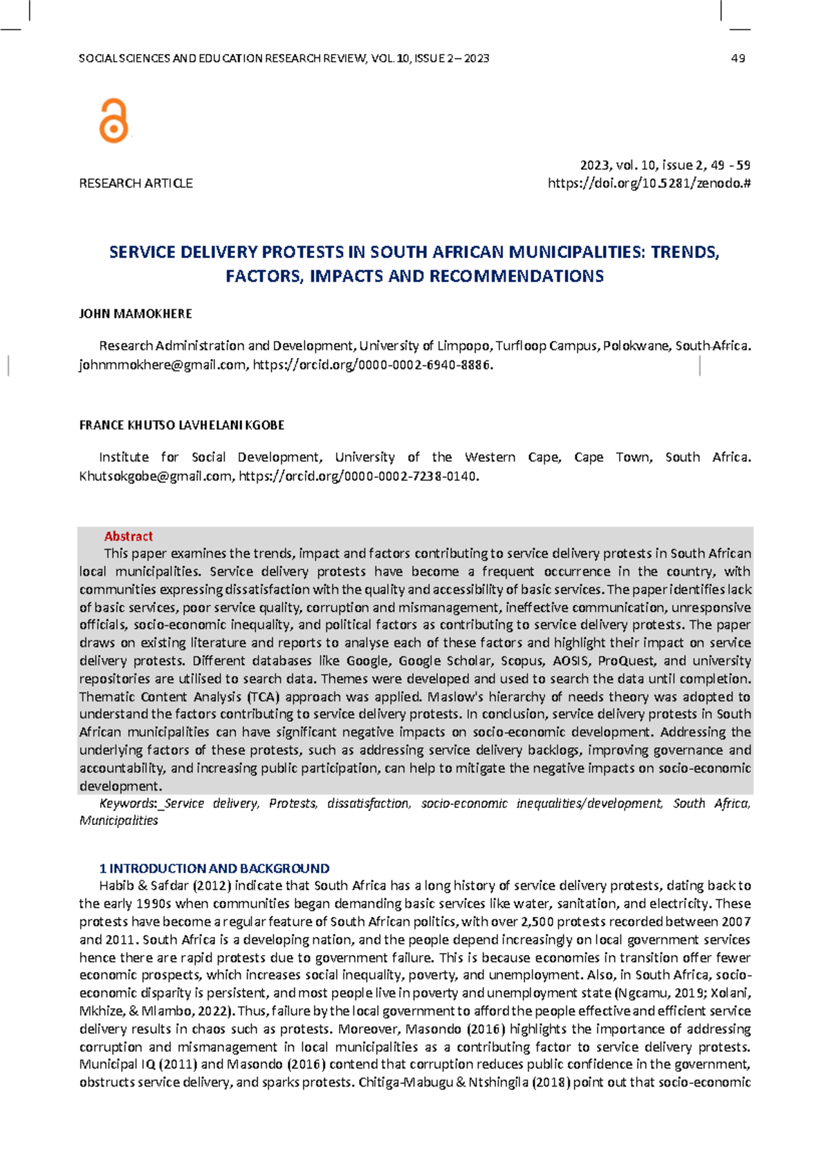Mamokhereand Kgobe 2023b Service Delivery Protests - 2023, vol. 10 ...