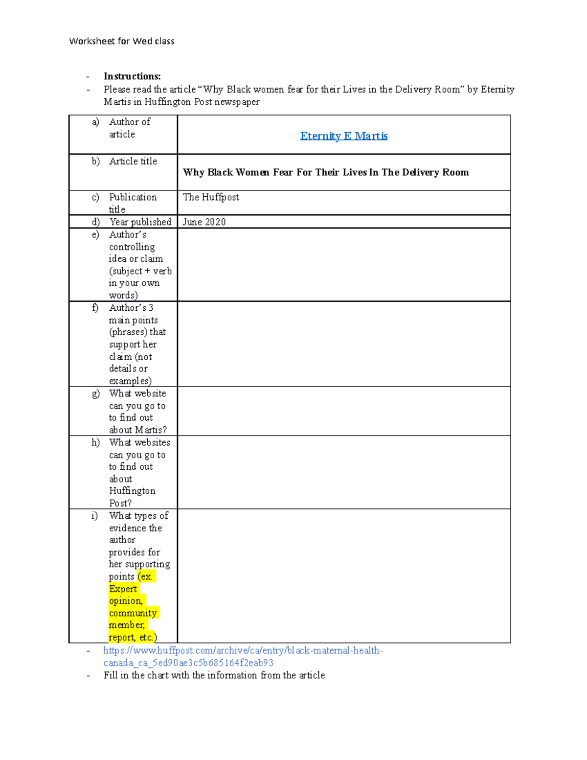 Worksheet for summarizing Health effects of anti-Black racism article ...
