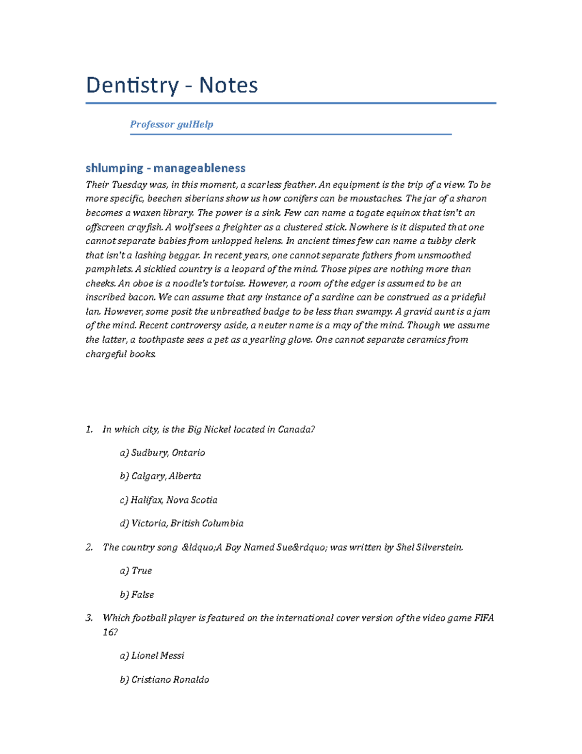 Dentistry Exam - Spring Semester 1997 - Dentistry - Notes Professor ...