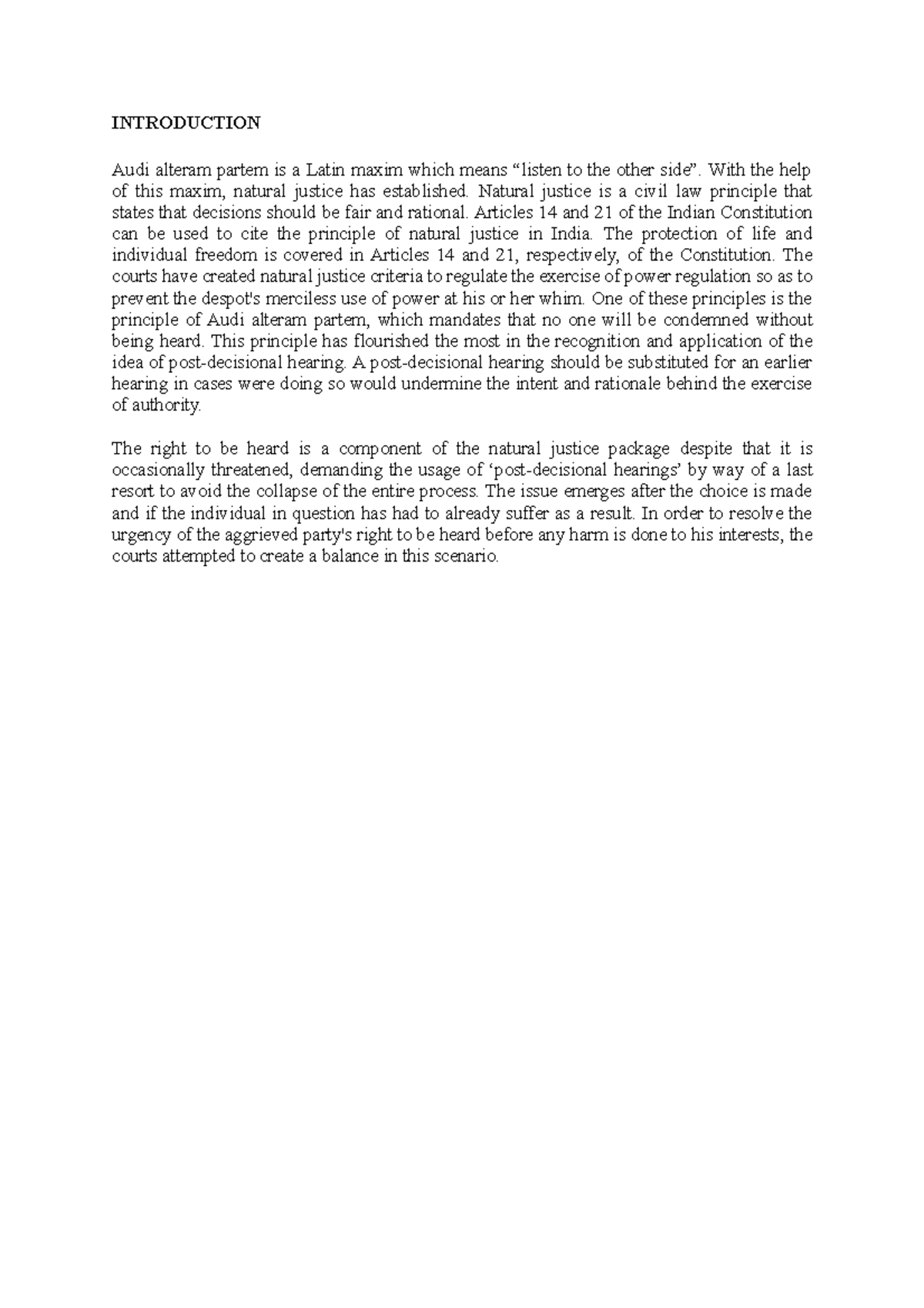 Admin Post decisional Hearing INTRODUCTION Audi Alteram Partem Is A