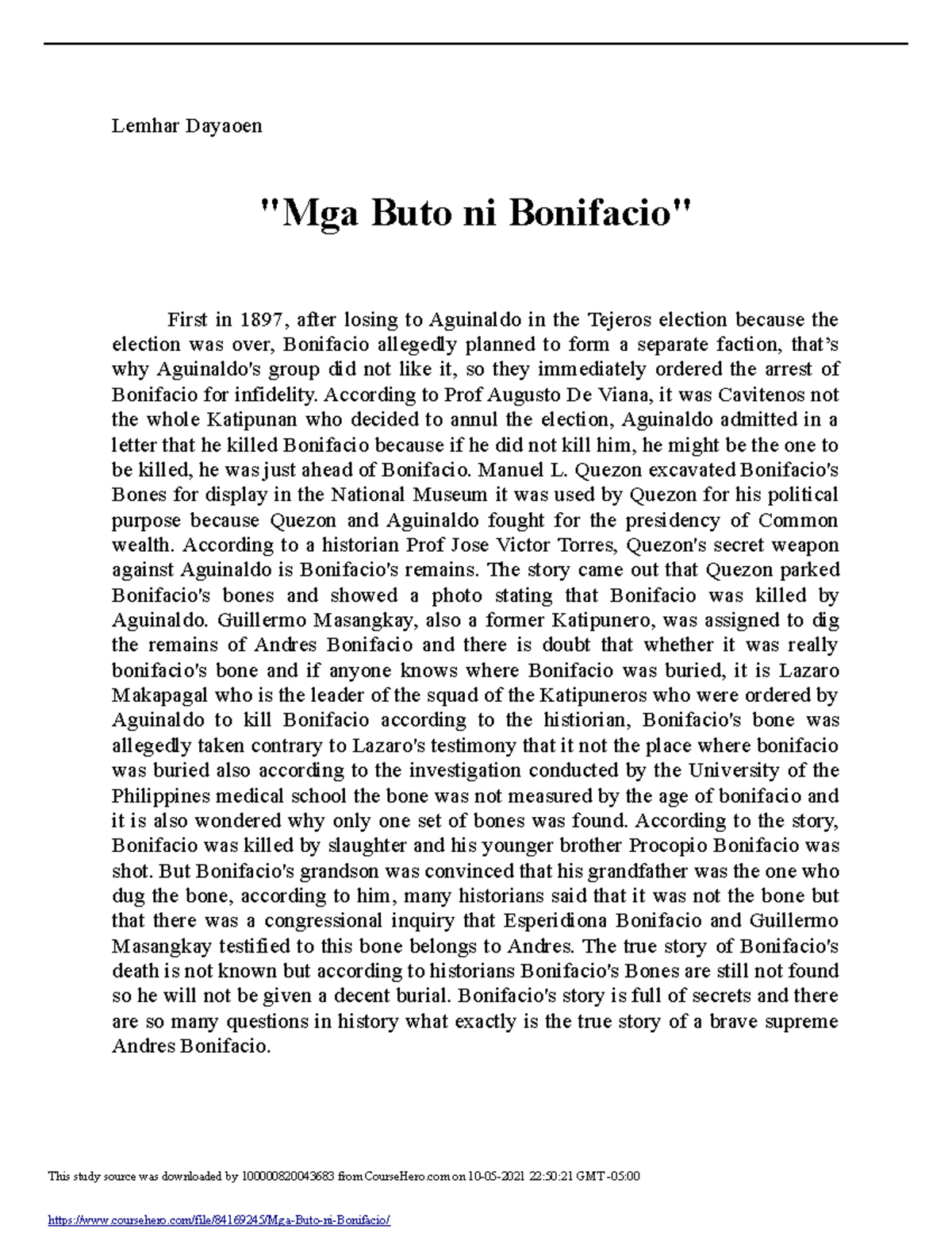 Mga Buto ni Bonifacio mga buto ni rizal - Business administration - Studocu