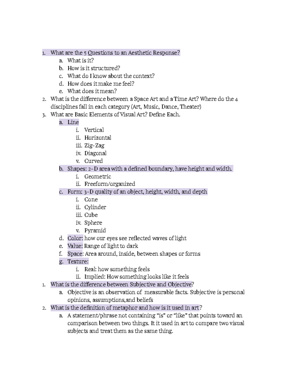 MID-TERM Review - What are the 5 Questions to an Aesthetic Response? a ...