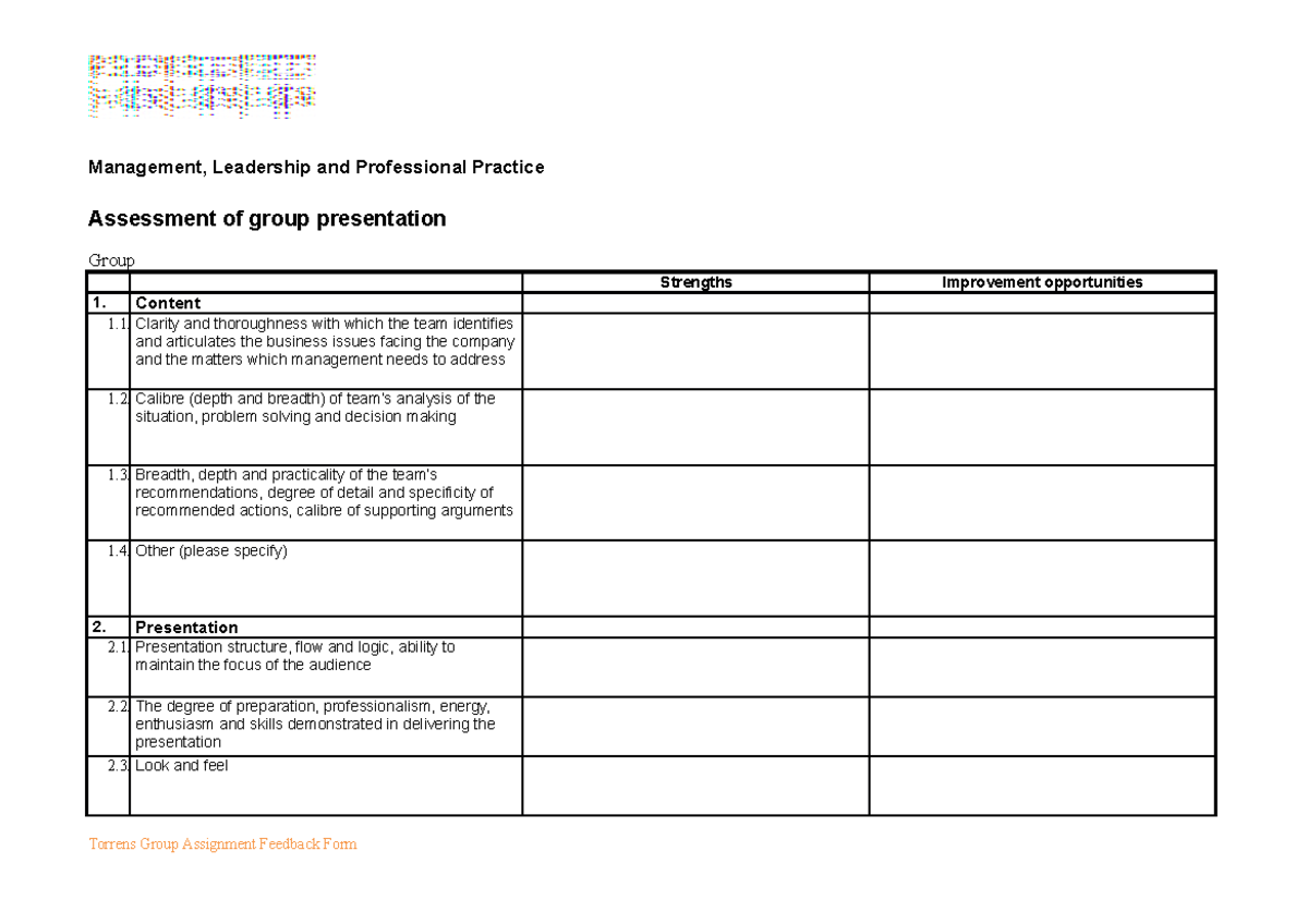 Group assignment feedback form - Management, Leadership and ...