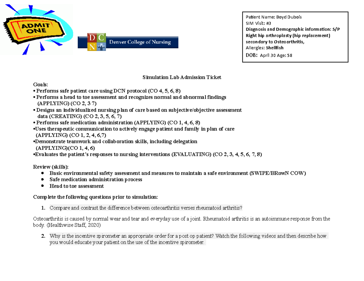 Boyd Dubois Sim ticket 2021 - **Simulation Lab Admission Ticket Goals ...