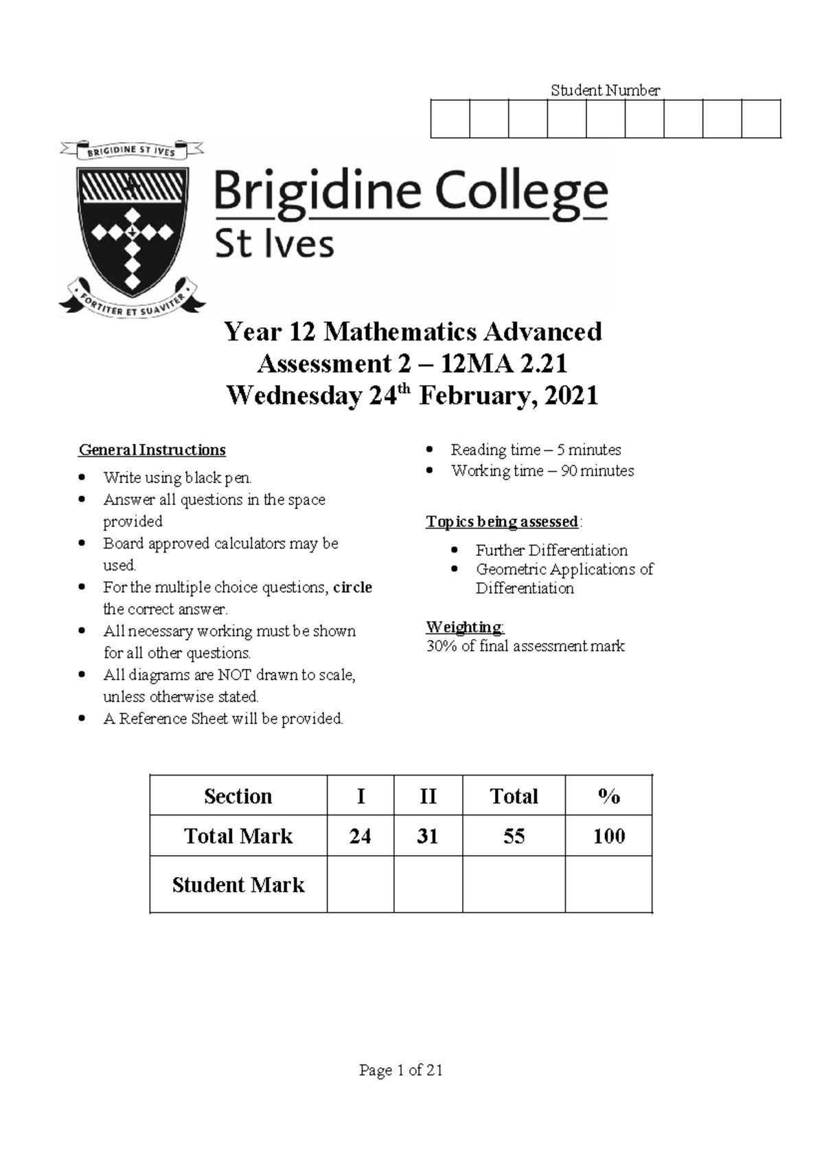 2021 Math Advanced Assignment (Brigidine) - Year 12 Mathematics ...