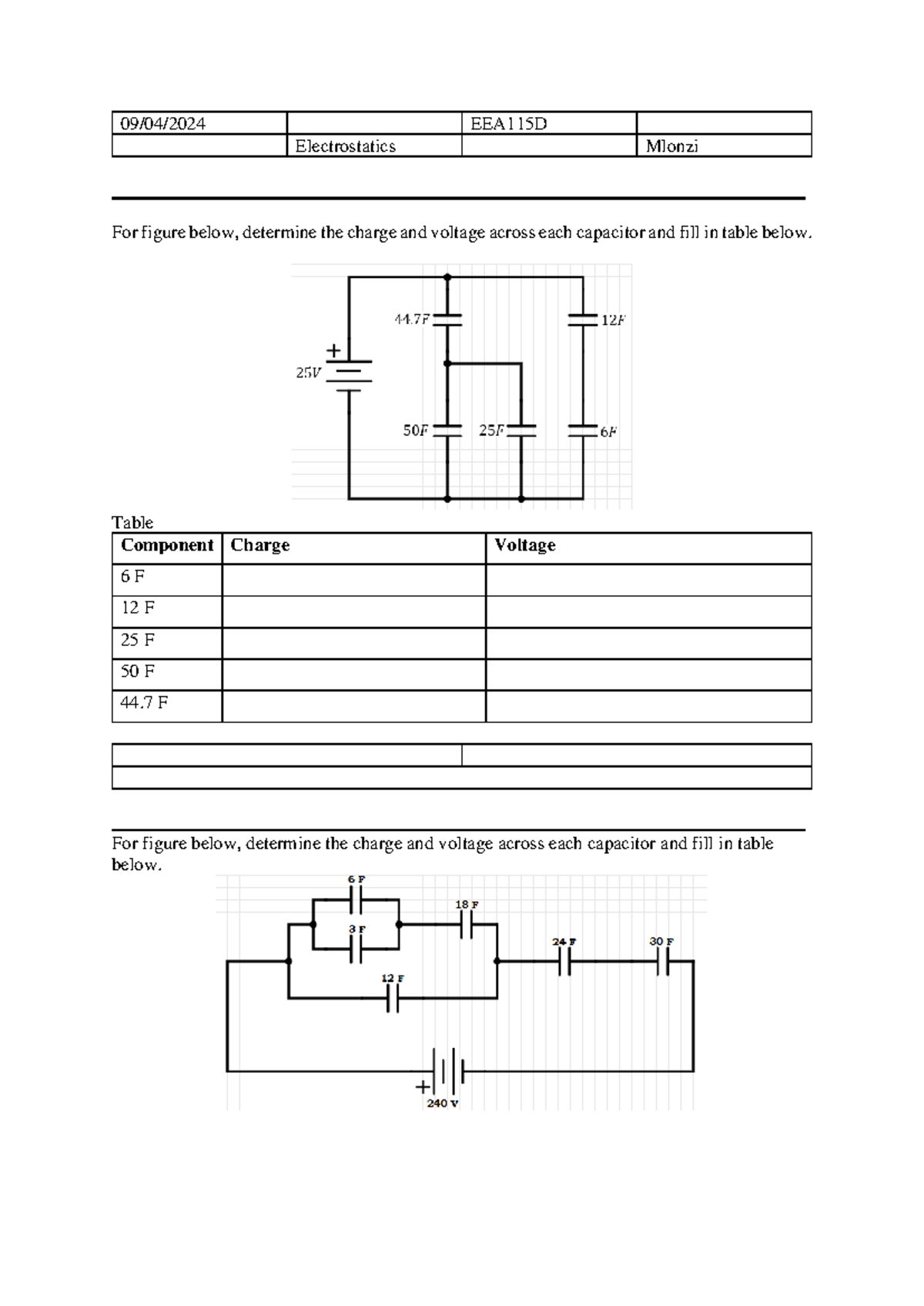 Tutorial (Module 3 Tutorial) - 09 /04/2024 EEA115D Electrostatics ...