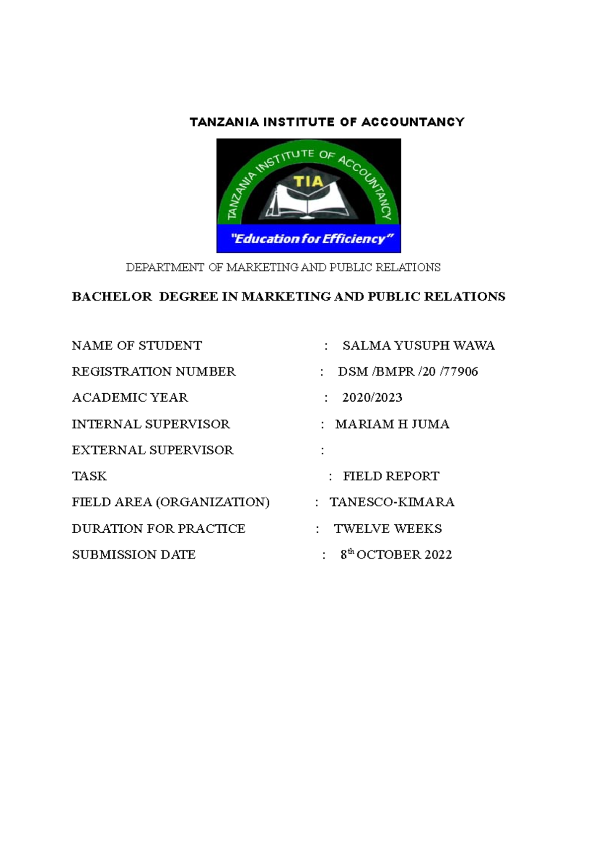 Field Report ( Tanesco) - TANZANIA INSTITUTE OF ACCOUNTANCY DEPARTMENT ...