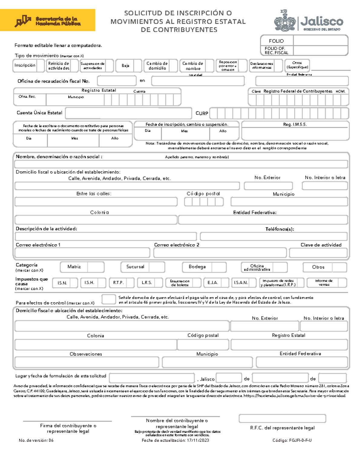 Inscripcion Movimiento Registro Estatal - Firma del contribuyente o ...