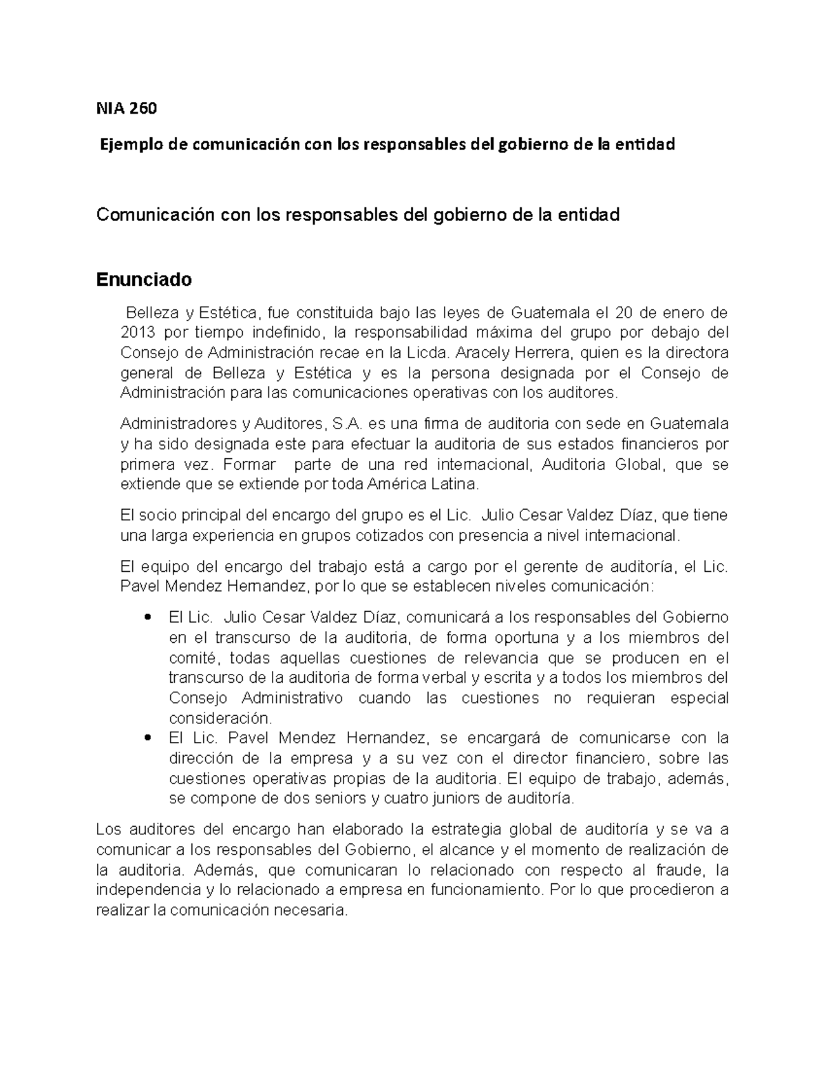 Informe NIAS - NIA 260 Ejemplo de comunicación con los responsables del ...