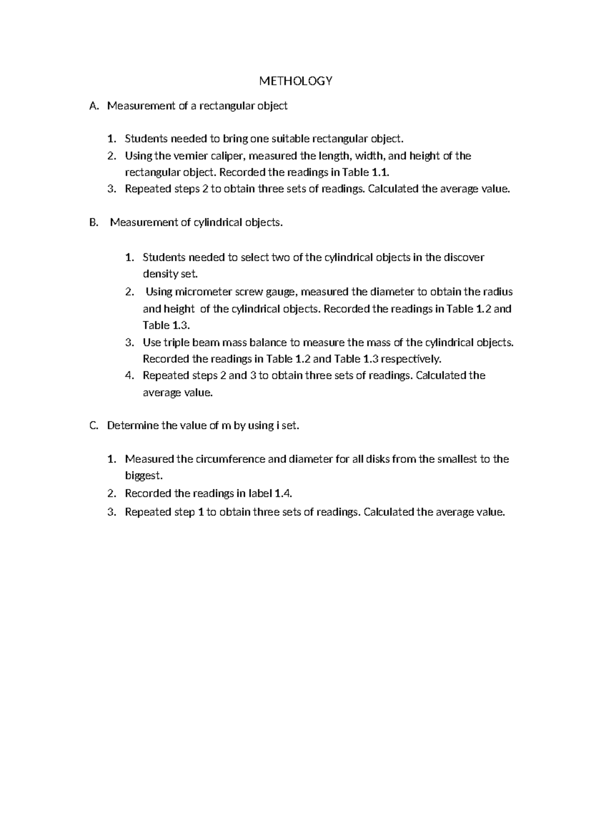 Lab report chemistry - METHOLOGY A. Measurement of a rectangular object ...