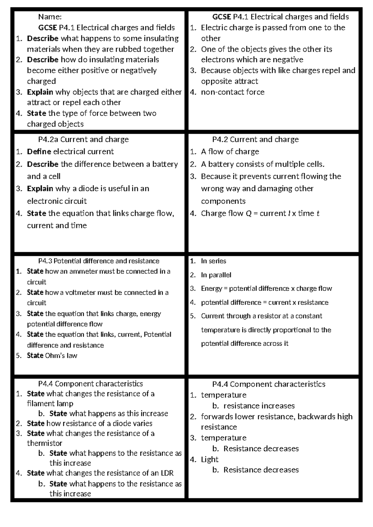 P4 revision cards (Kerboodle) - Name: GCSE P4 Electrical charges and ...