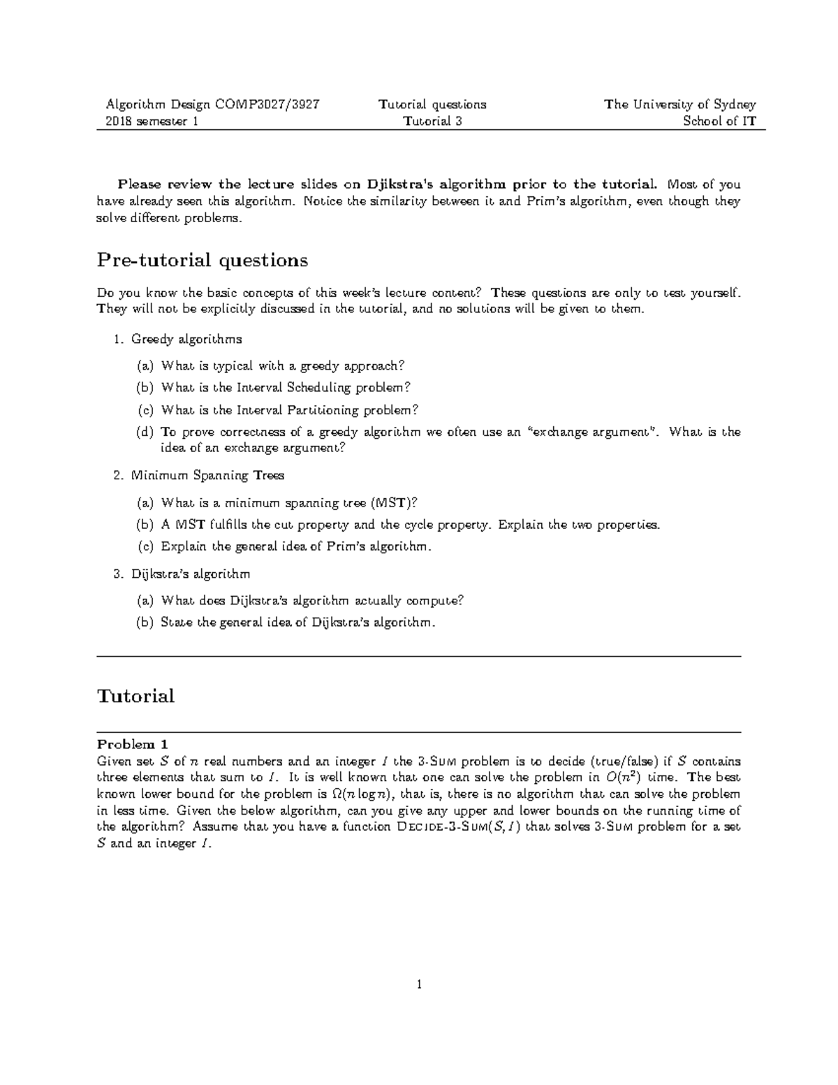 Tutorial 03 Questions Only Algorithm Design Comp3027 3927 Tutorial Questions The University