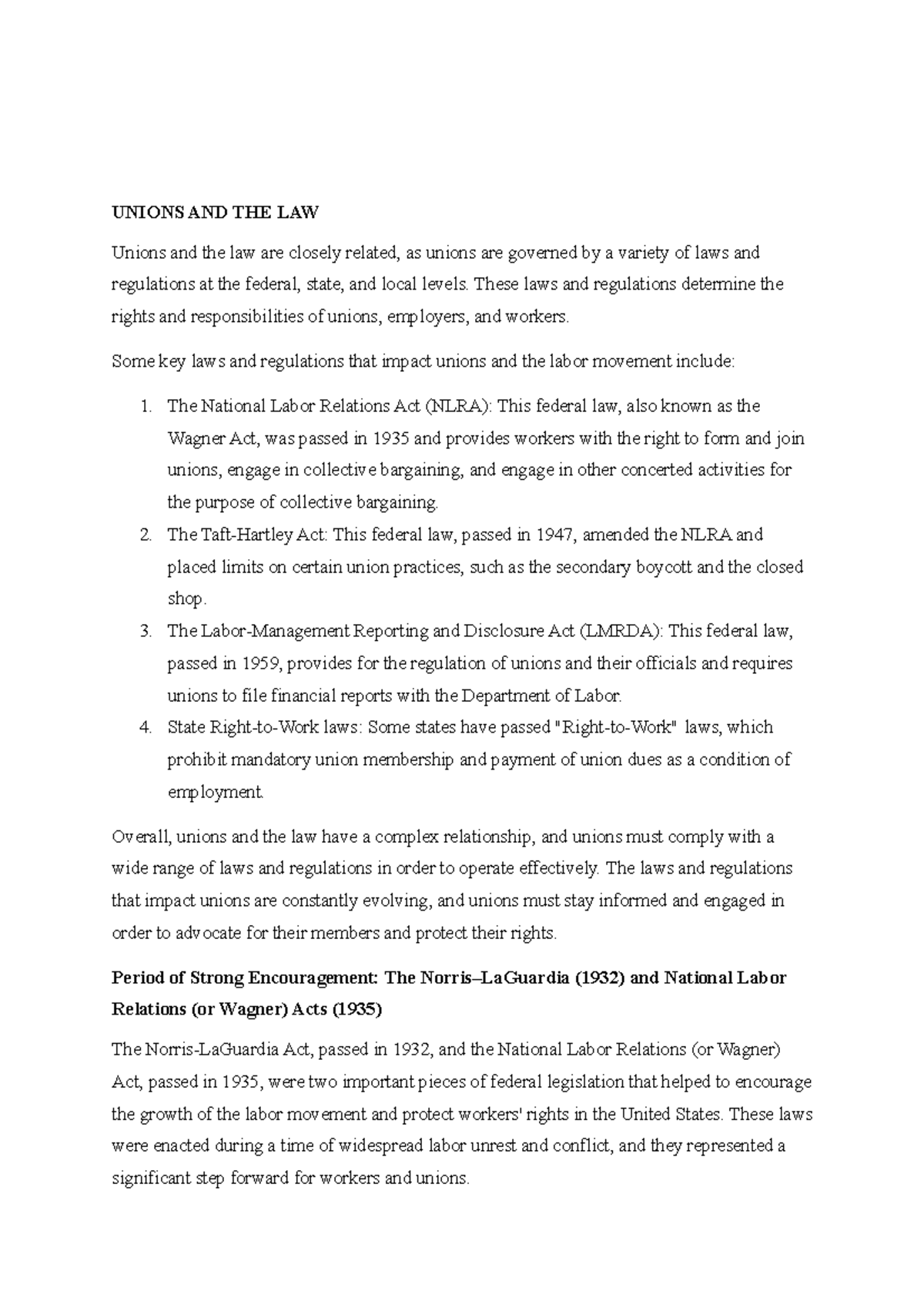 Unions AND THE LAW - Human Resource Management - UNIONS AND THE LAW ...