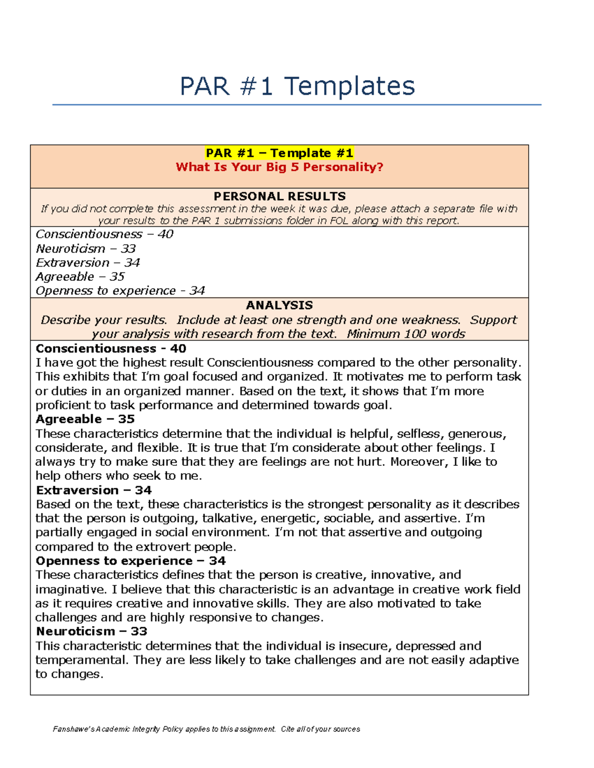 PAR #1 Assignment Templates - PAR #1 Templates PAR #1 – Template What ...